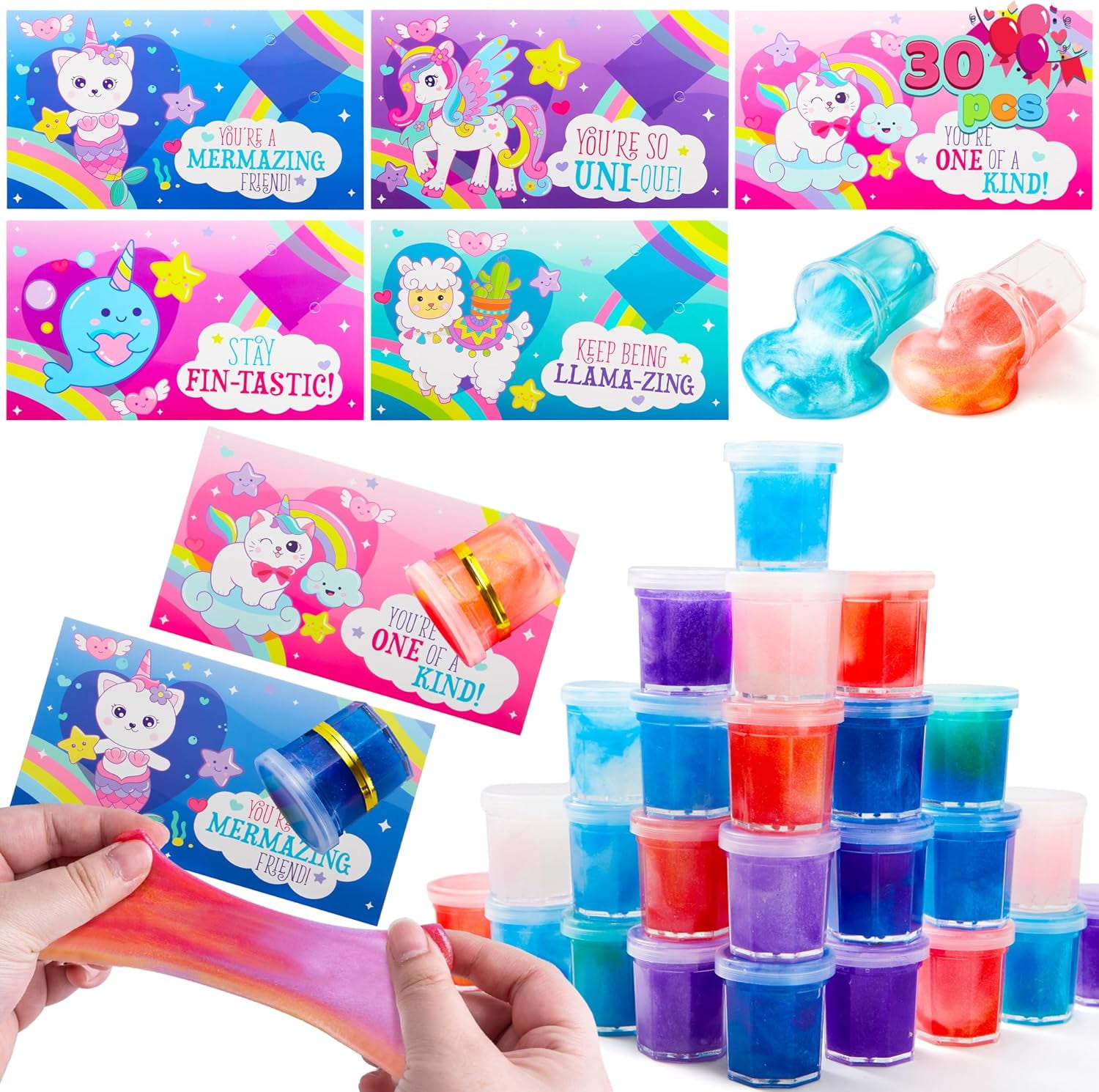 JOYFY 30 Pack Valentines Fantasy Slime With Cards for Kids,Stress ...