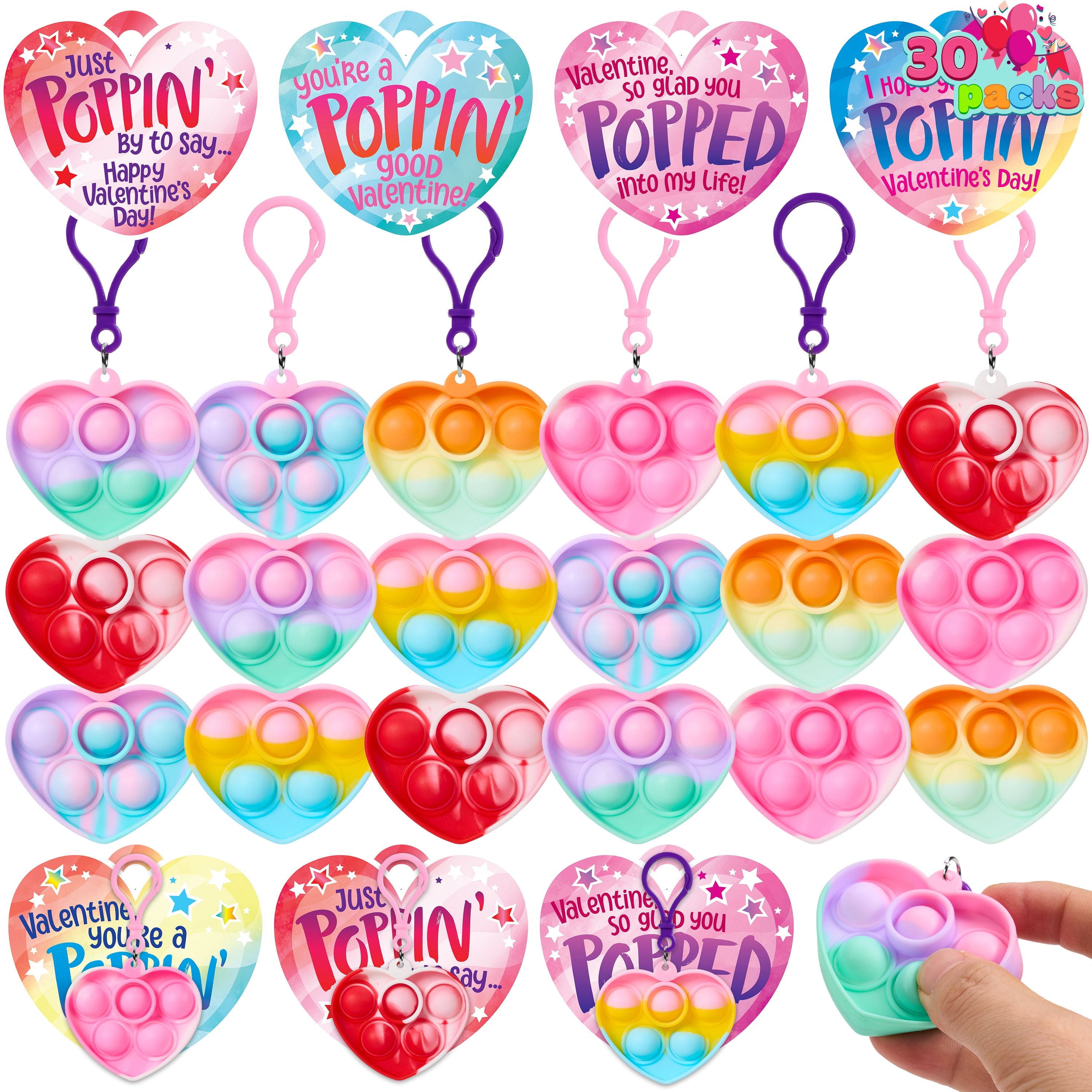 JOYFY 30 Packs Valentine’s Day 6-Design Gift Cards with Heart Pop Bubble Keychain, Mini Pop ...