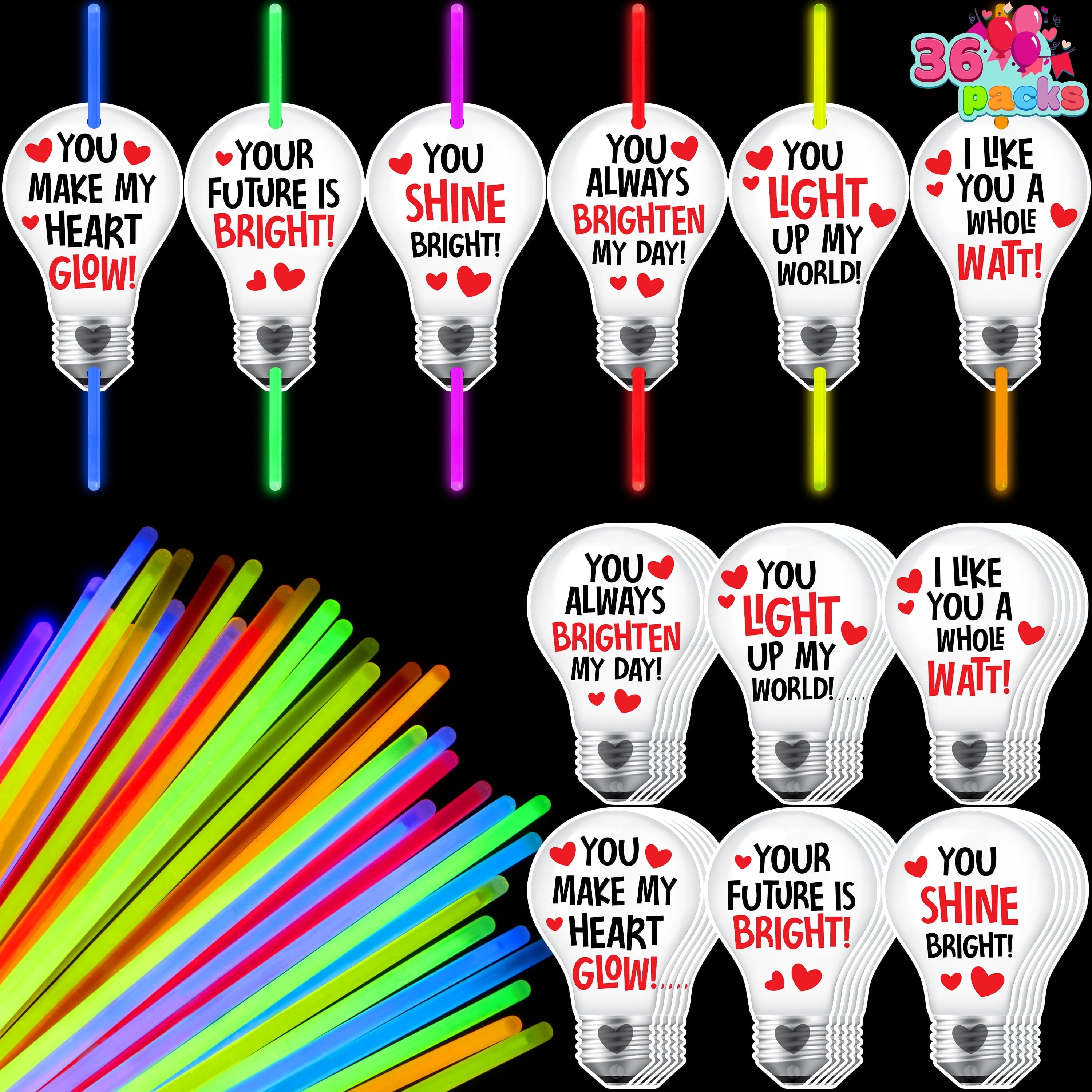 Joyfy 36 Packs Neon Valentines Day Gift Bulb Cards with Glow Sticks ...