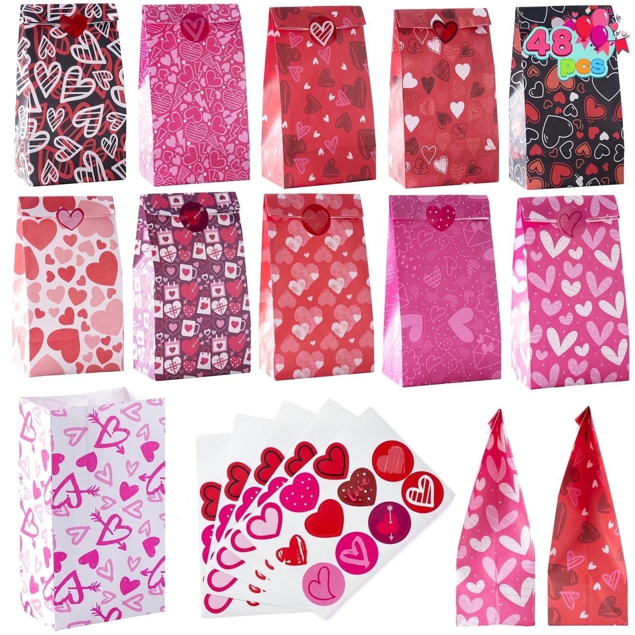 JOYFY 48 Pcs Valentines Gift Bags,Paper Bags with Stickers for Kids ...