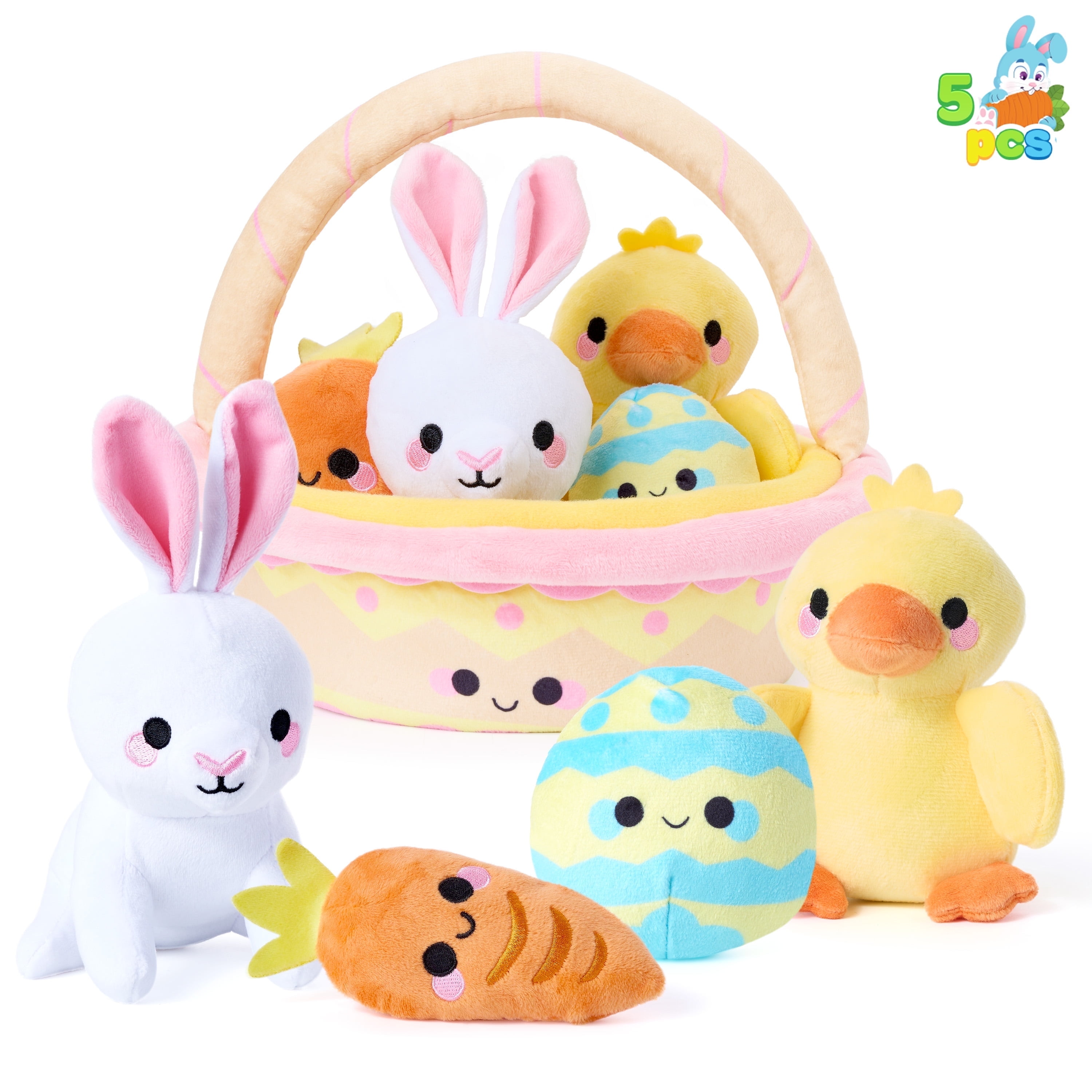 Joyfy 5 Pcs Easter Basket Plush Playset with Bunny Chick Egg Carrot ...