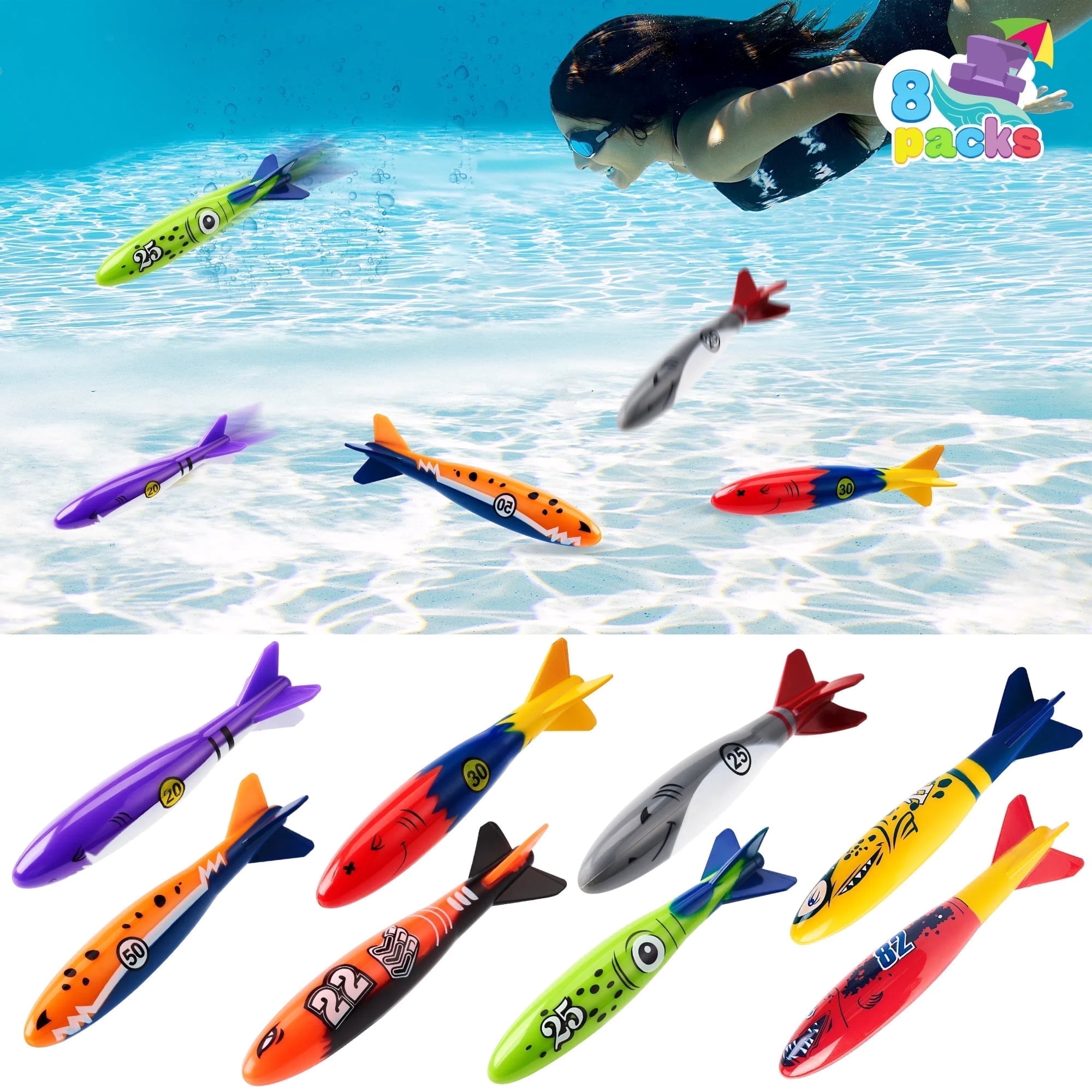 Joyfy 8 Pack Pool Toys, Colorful Shark Diving Toys, Sinking Underwater ...
