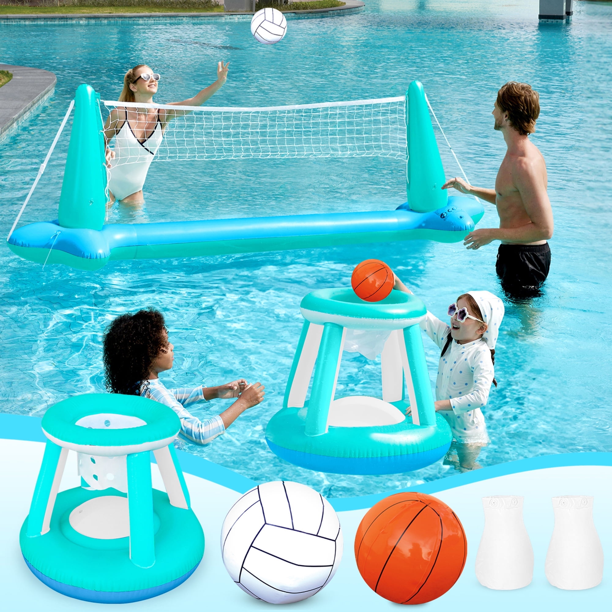 Joyfy Inflatable Pool Float Set with Volleyball Net Basketball Hoops ...
