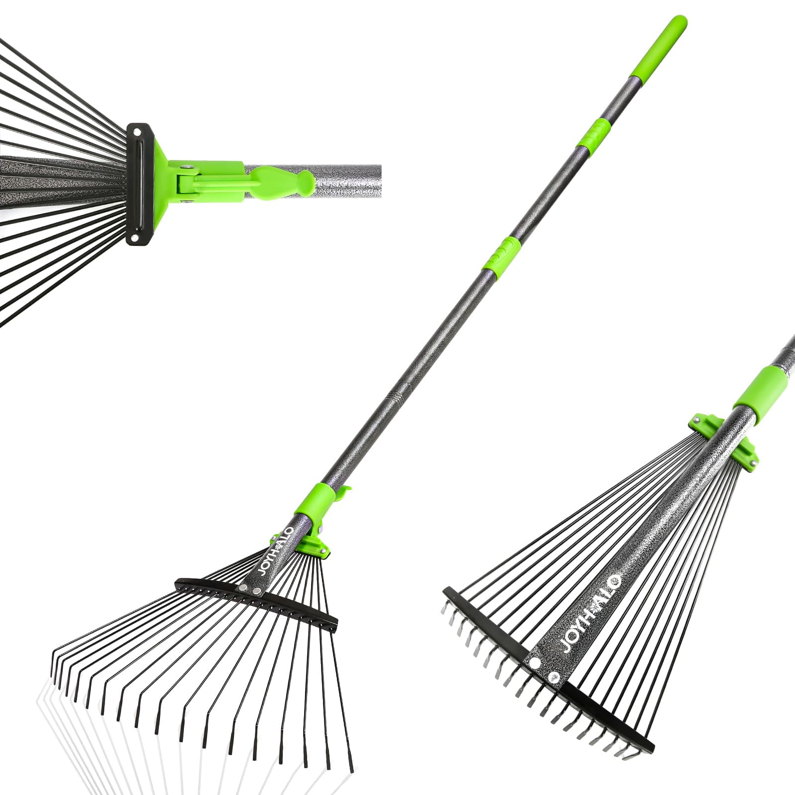 JOYHALO 63.4 inch Rake for Leaves Adjustable, 18 Tines Leaf Rake with ...