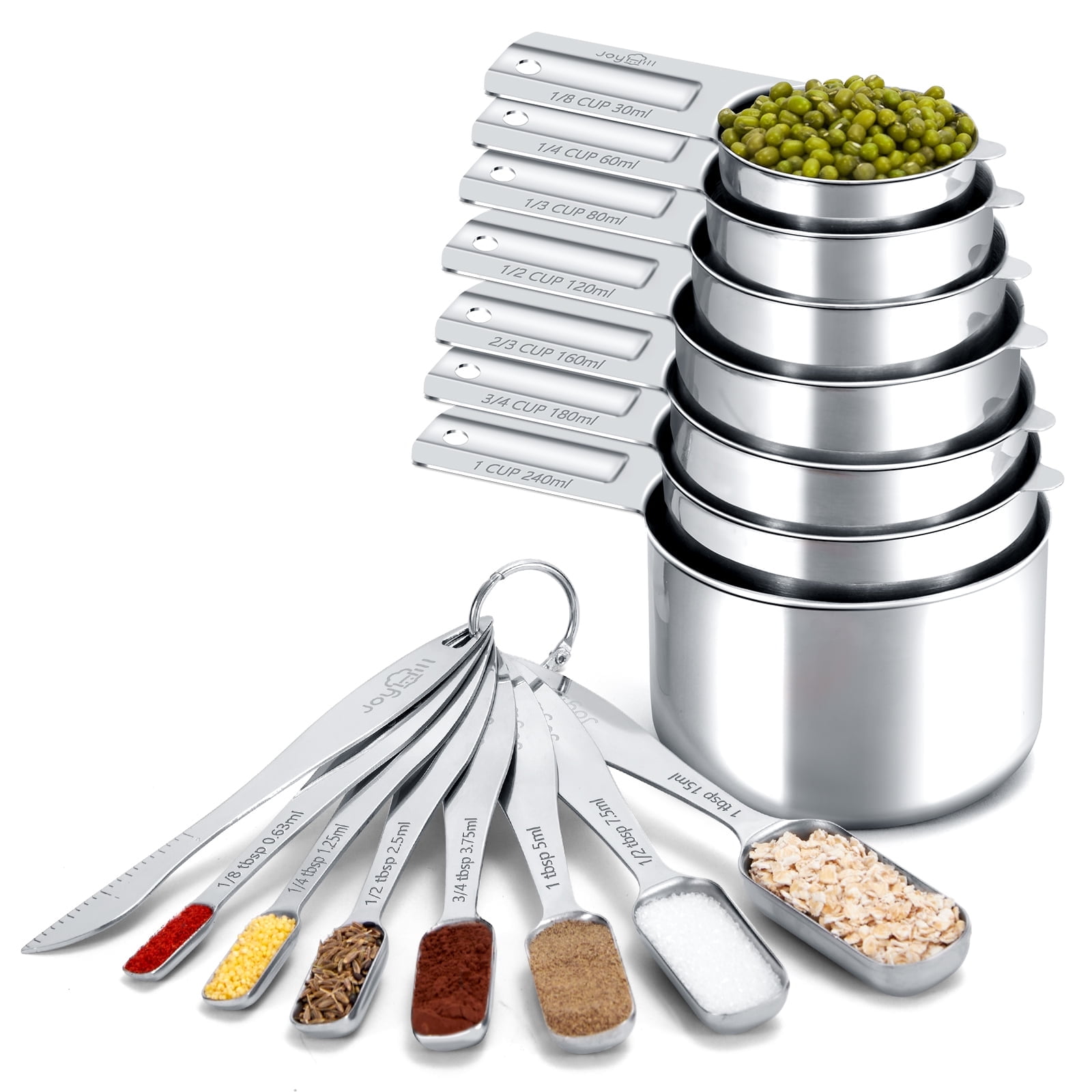 JOYHILL Stainless Steel Kitchen Utensils - 15 Piece Measuring Cups and ...