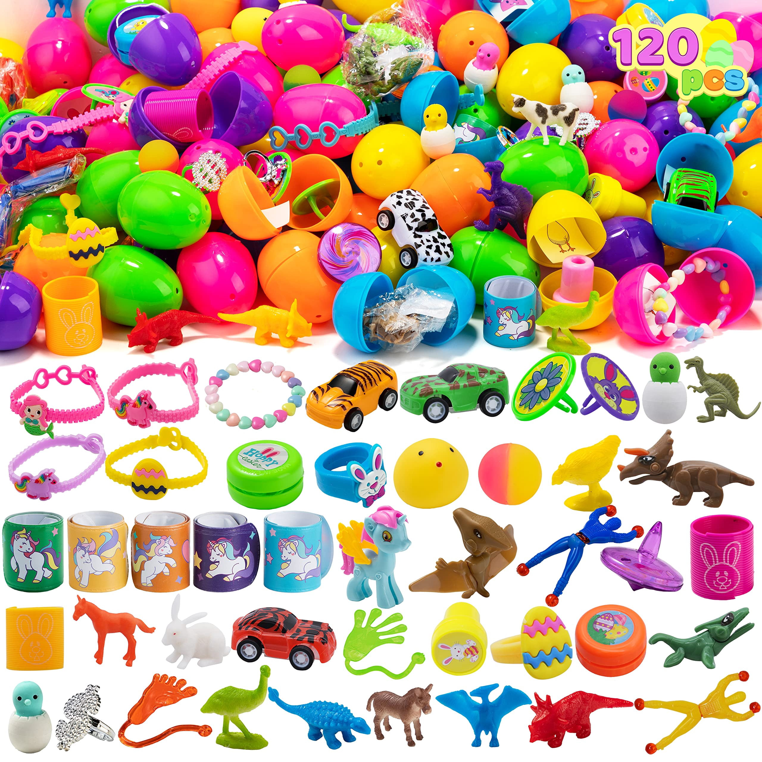 JOYIN 120 Pcs Bulk Prefilled Easter Eggs with Novelty Toys, Stickers ...