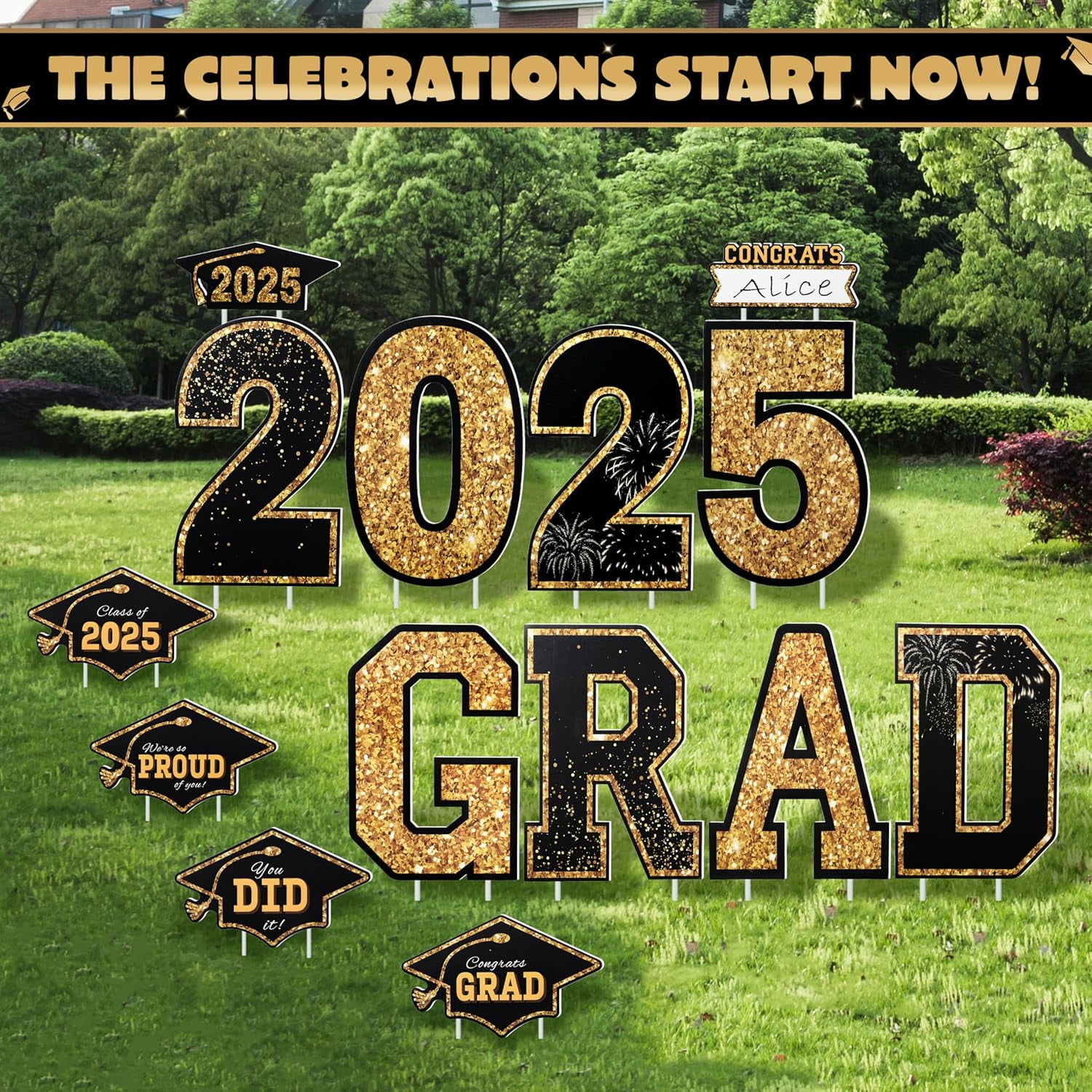 JOYIN 14 Pcs Graduation Yard Signs Class of 2025, Black & Gold Congrats ...