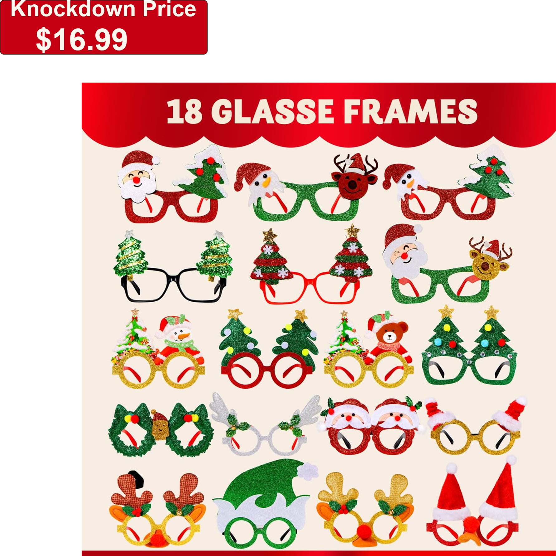 JOYIN 18 Pcs Christmas Eyeglasses Frames, Glitter Photo Booth Props ...