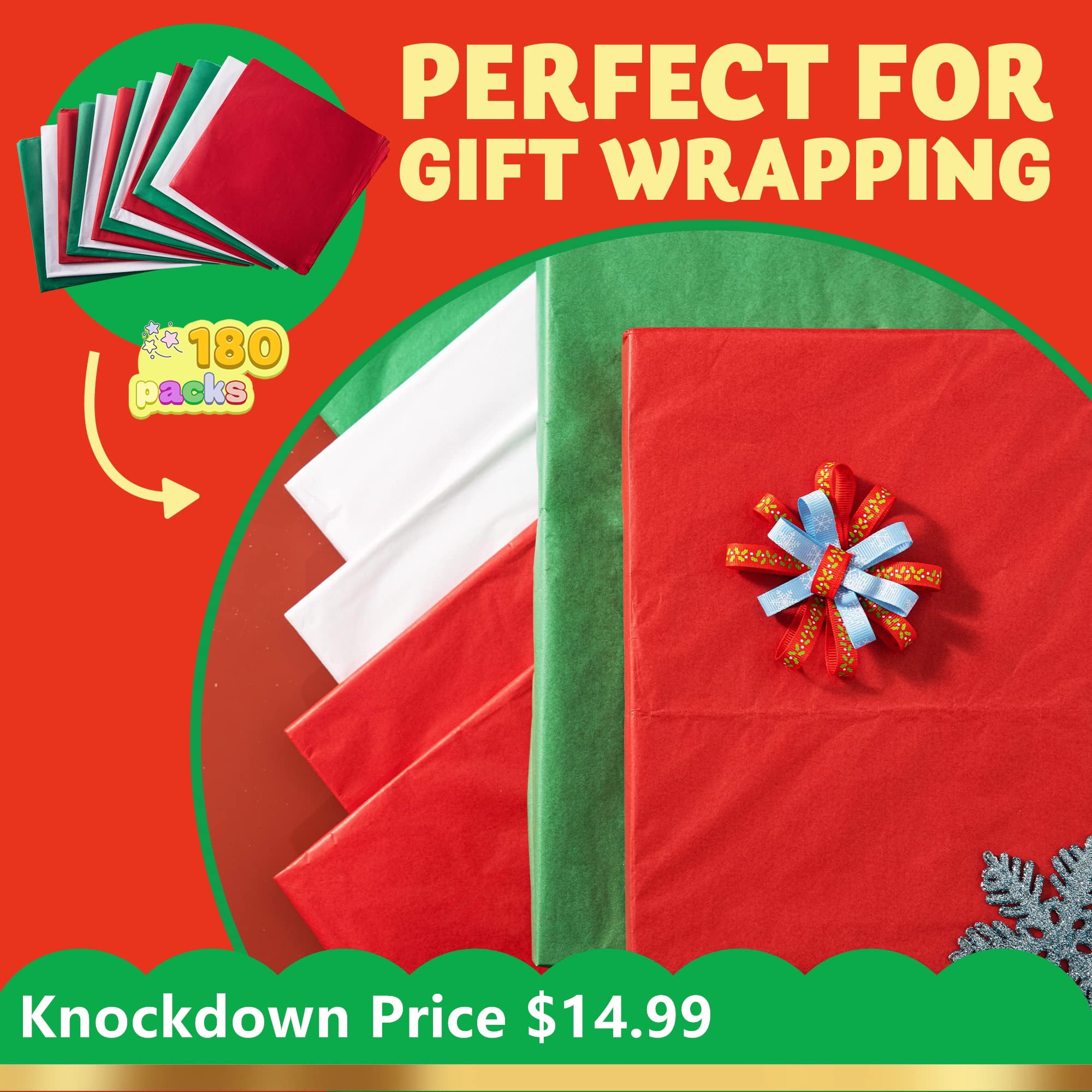 "JOYIN 180 Sheets Xmas Tissue Paper (Red, Green, White) 20""x20"" for ...