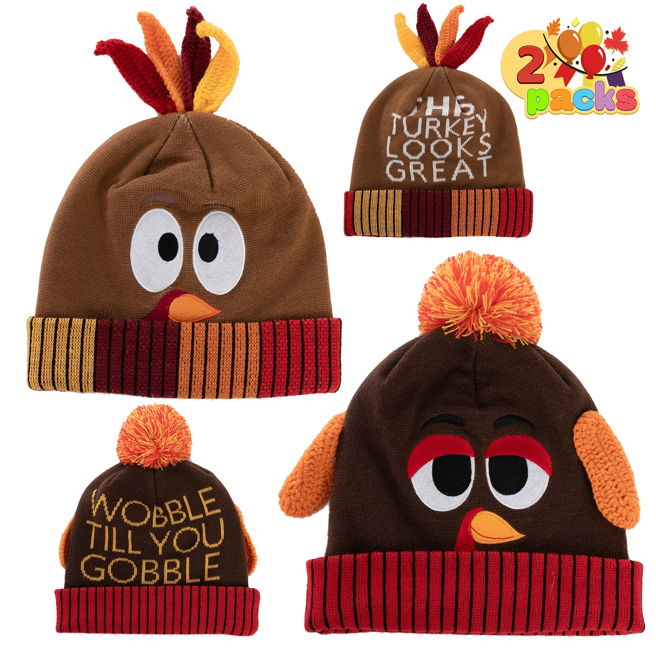 JOYIN 2 Pcs Adults Pom Pom Beanie Hats for Thanksgiving Turkey Trots ...
