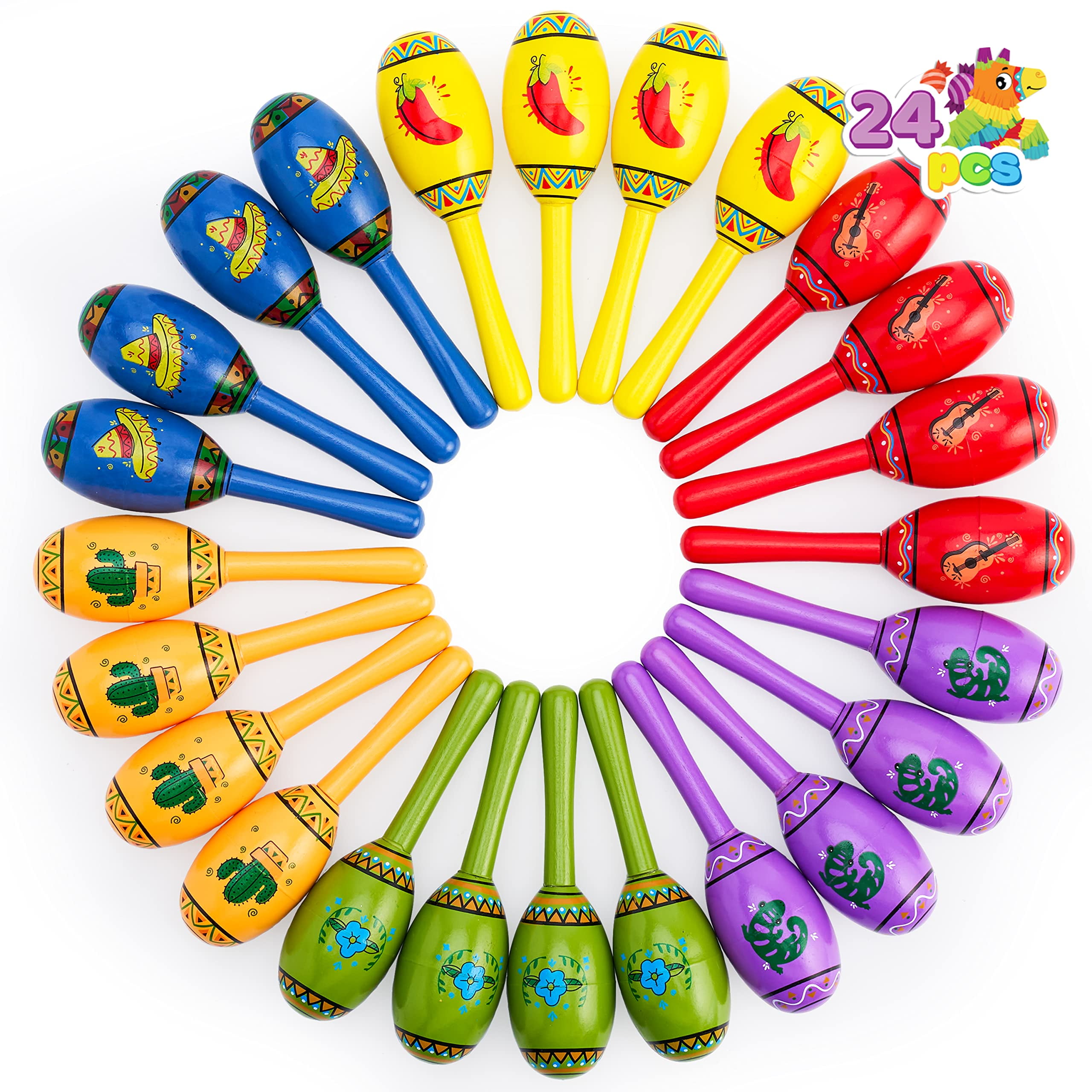 JOYIN 24 Mini Wooden Maracas, Fiesta Noisemaker, 6 Designs for Cinco De ...