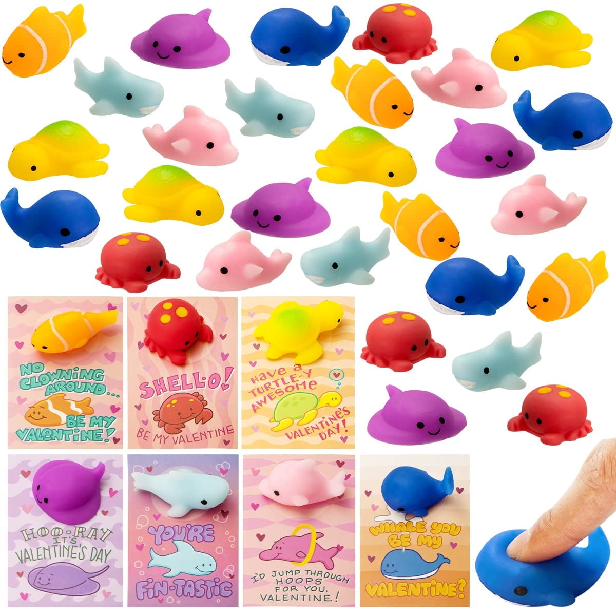 JOYIN 28 Pack Valentines Day Gift Cards with Kawaii Mochi Squishy Sea ...