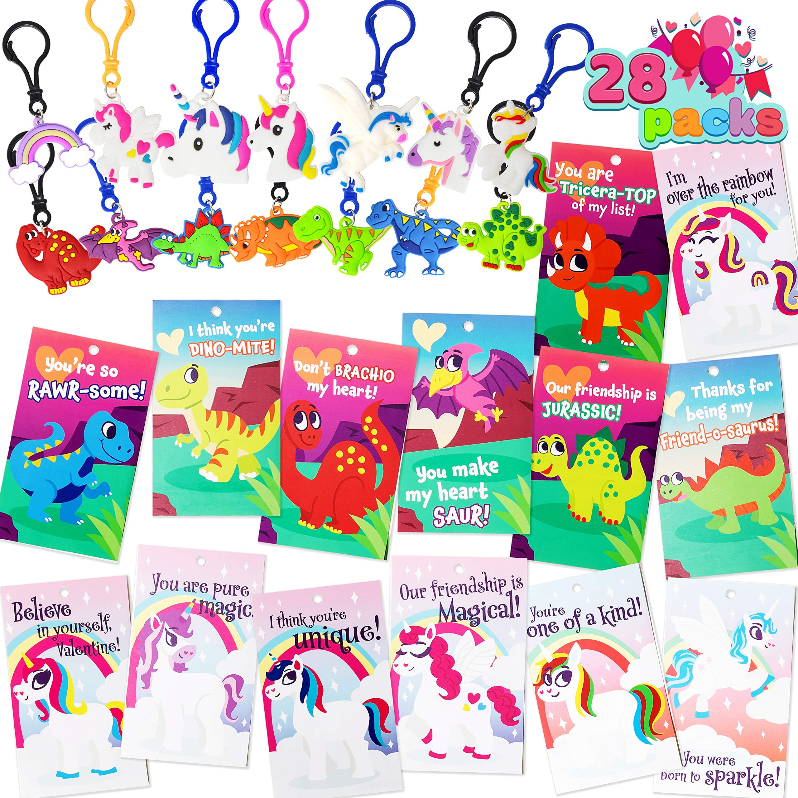 JOYIN 28 Pcs Valentine's Day Gift Cards with Unicorn dinosaur saur ...