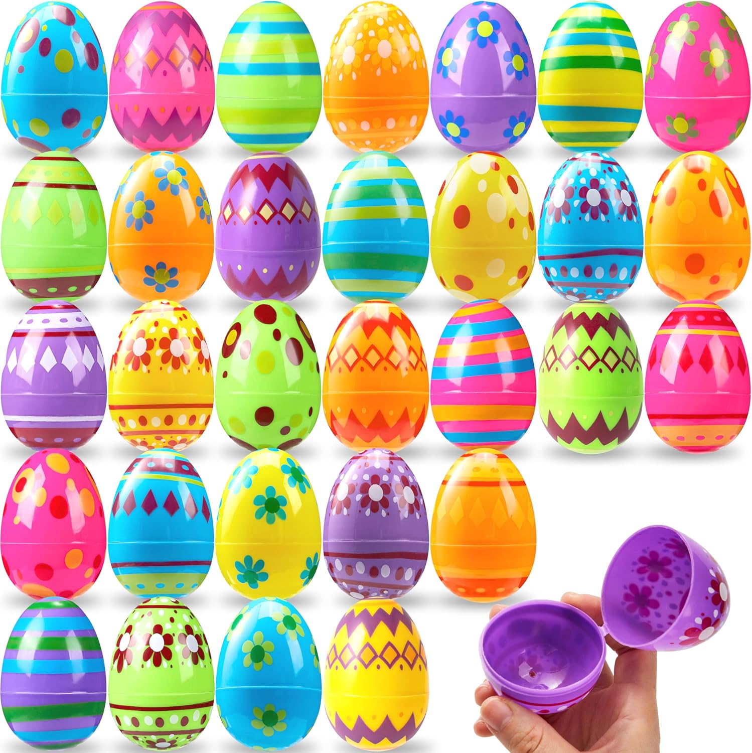 JOYIN 30 Pcs 3.15Inch Printed Plastic Eggs Colorful, Fillable Empty ...