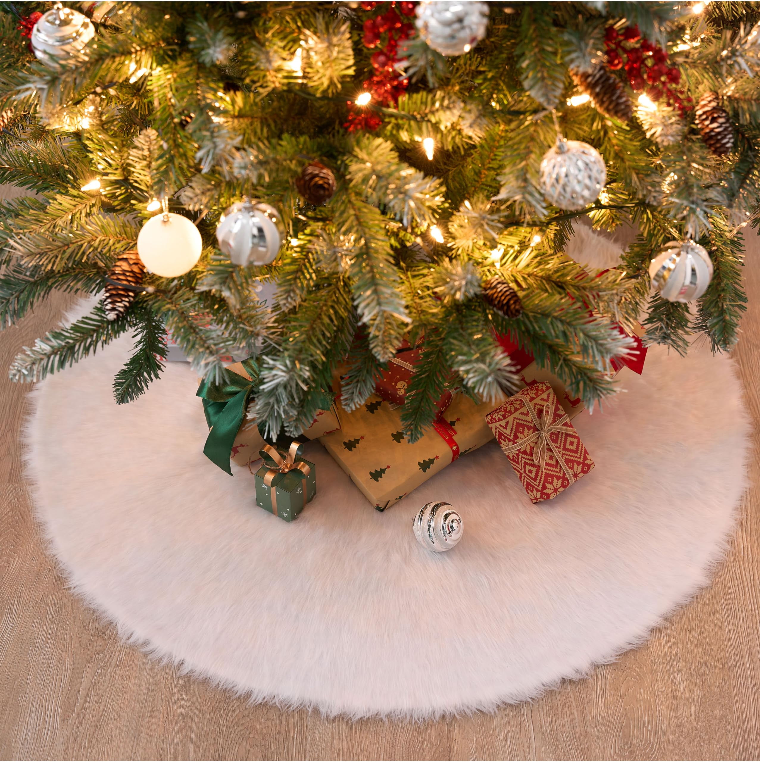 JOYIN 48 Inch XMAS Faux Fur Snowy White Tree Skirt for Christmas ...