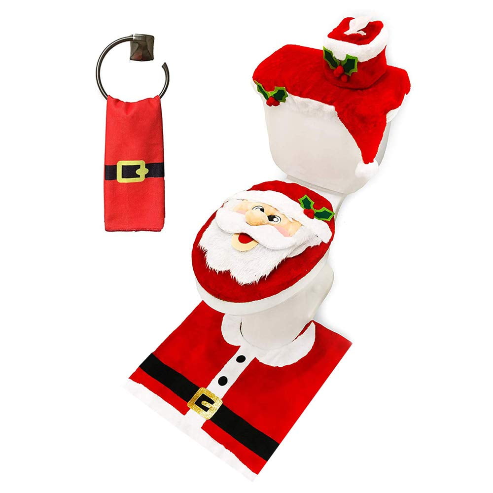 JOYIN 5 Pcs Santa Toilet Seat Cover, Rug, and Holiday Bath Tank Set for ...