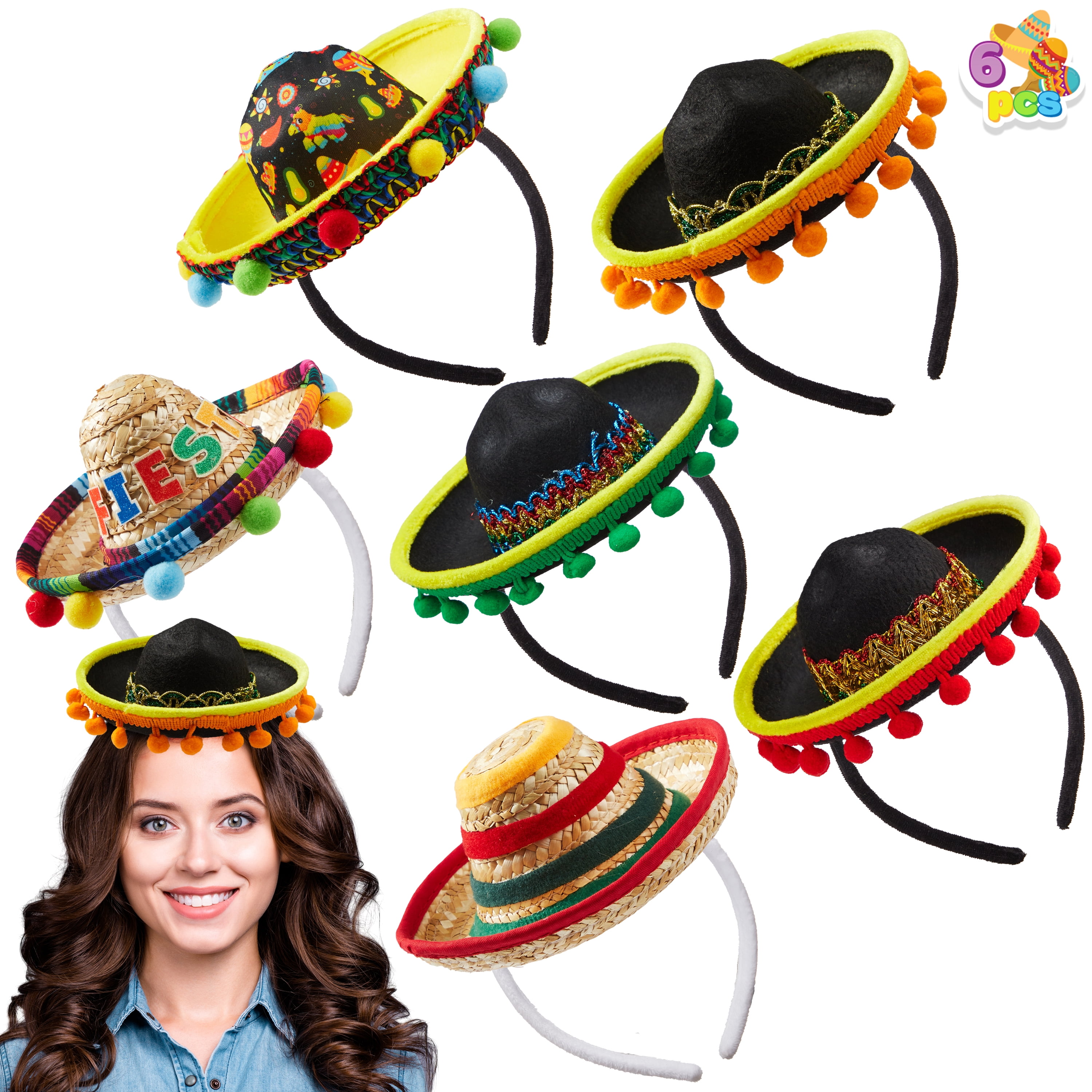 JOYIN 6 Packs Cinco De Mayo Fabric & Straw Sombrero Headbands, Mexican ...