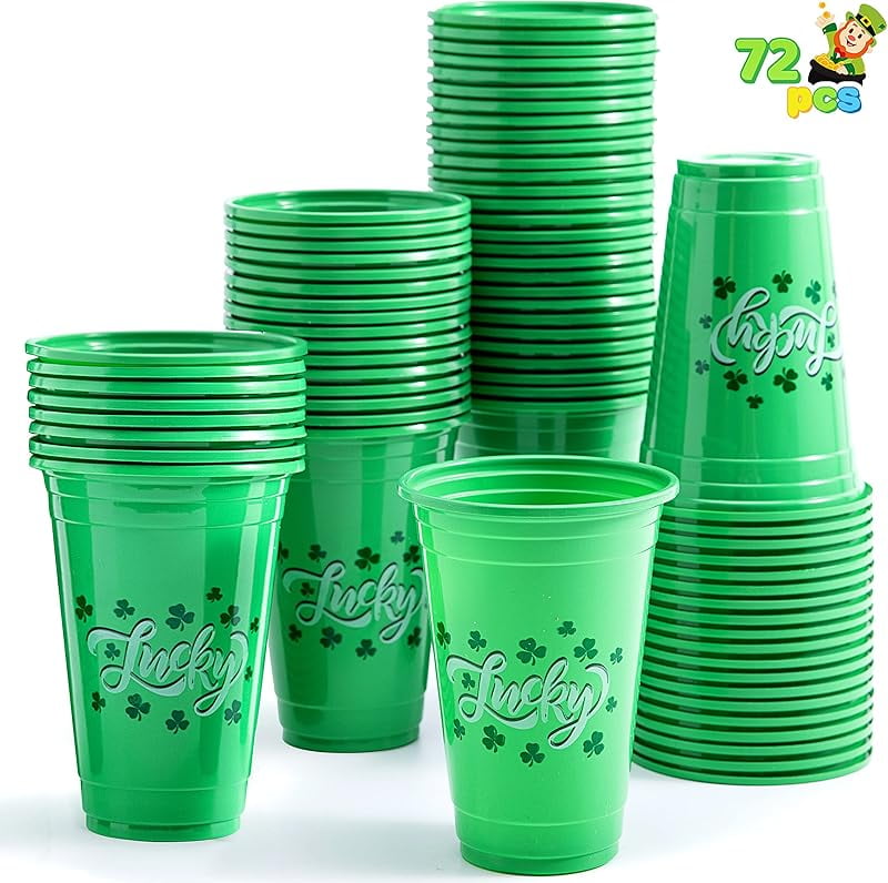 JOYIN 72 Pcs 16oz St. Patrick's Day Plastic Cups, Green Disposable Cups Bulk with 4 Styled Lucky ...