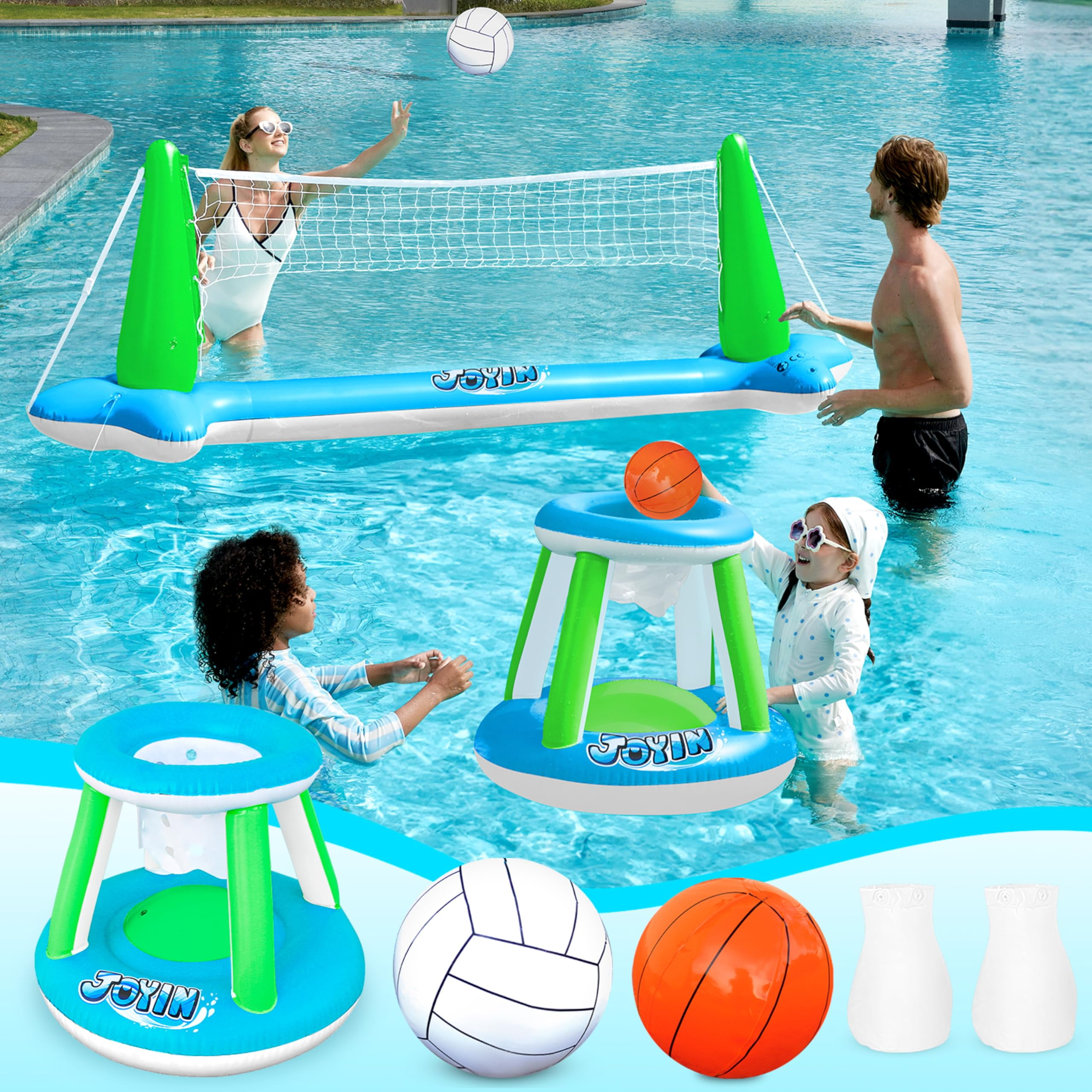 JOYIN Inflatable Volleyball Net & Basketball Hoops Pool Float Set ...