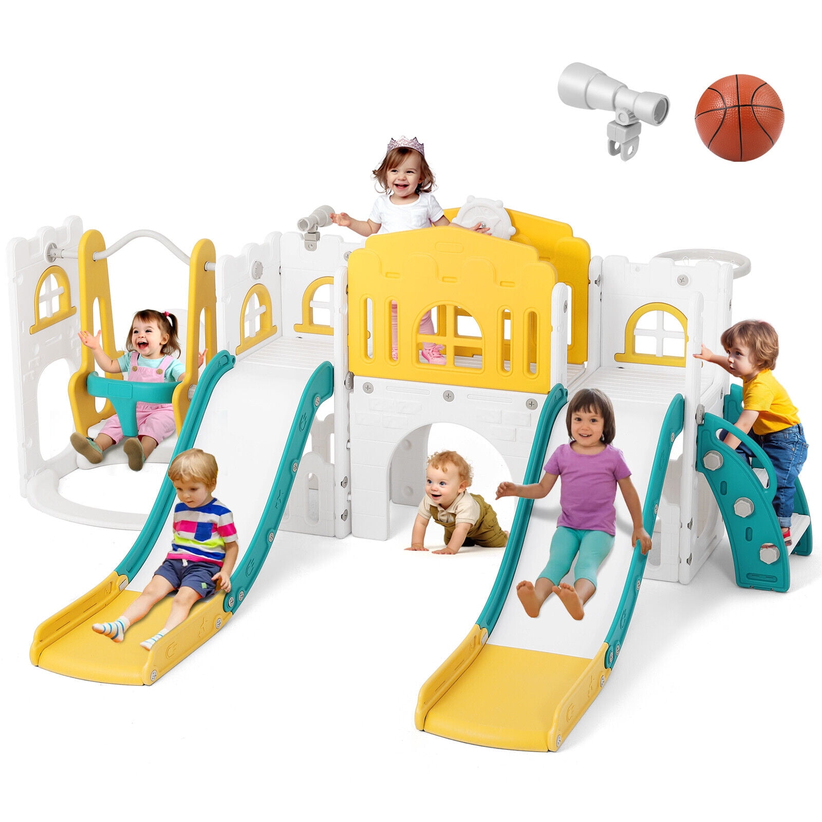 JOYLDIAS 10-in-1 Toddler Playset: Slides, Swing, Climber, Hoop, Tunnel ...