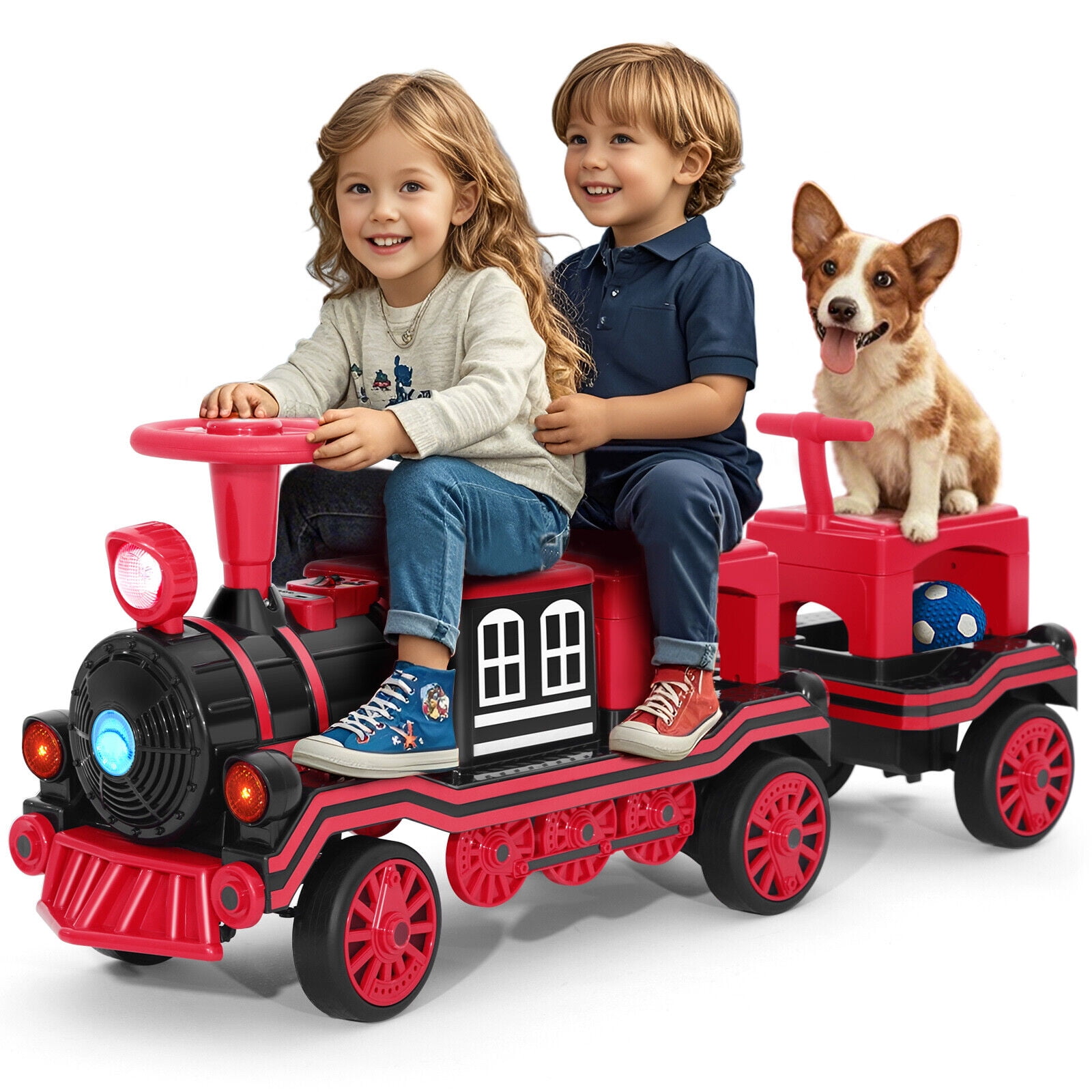 JOYLDIAS 12V 2 Seater Toy Ride on Train with Detachable Carriage, Music ...