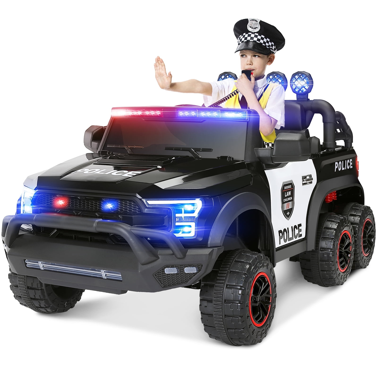 JOYLDIAS Power Cop 12V Kids Ride on Police Car with 6 Wheels and Remote Control (Black ...