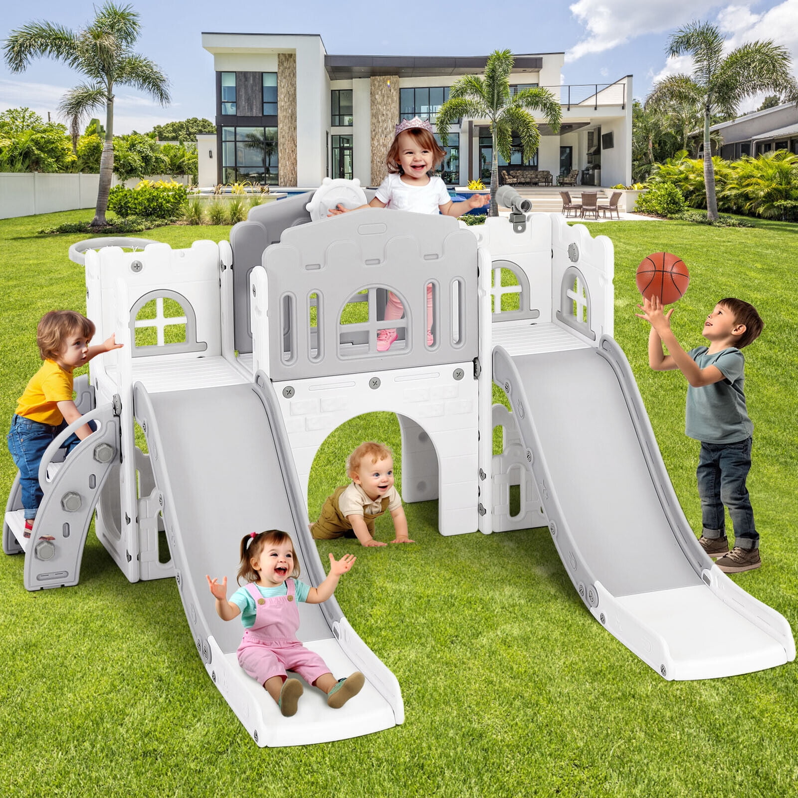 JOYLDIAS 9 in 1 Toddler Double Slides Kids Playset with Climber ...