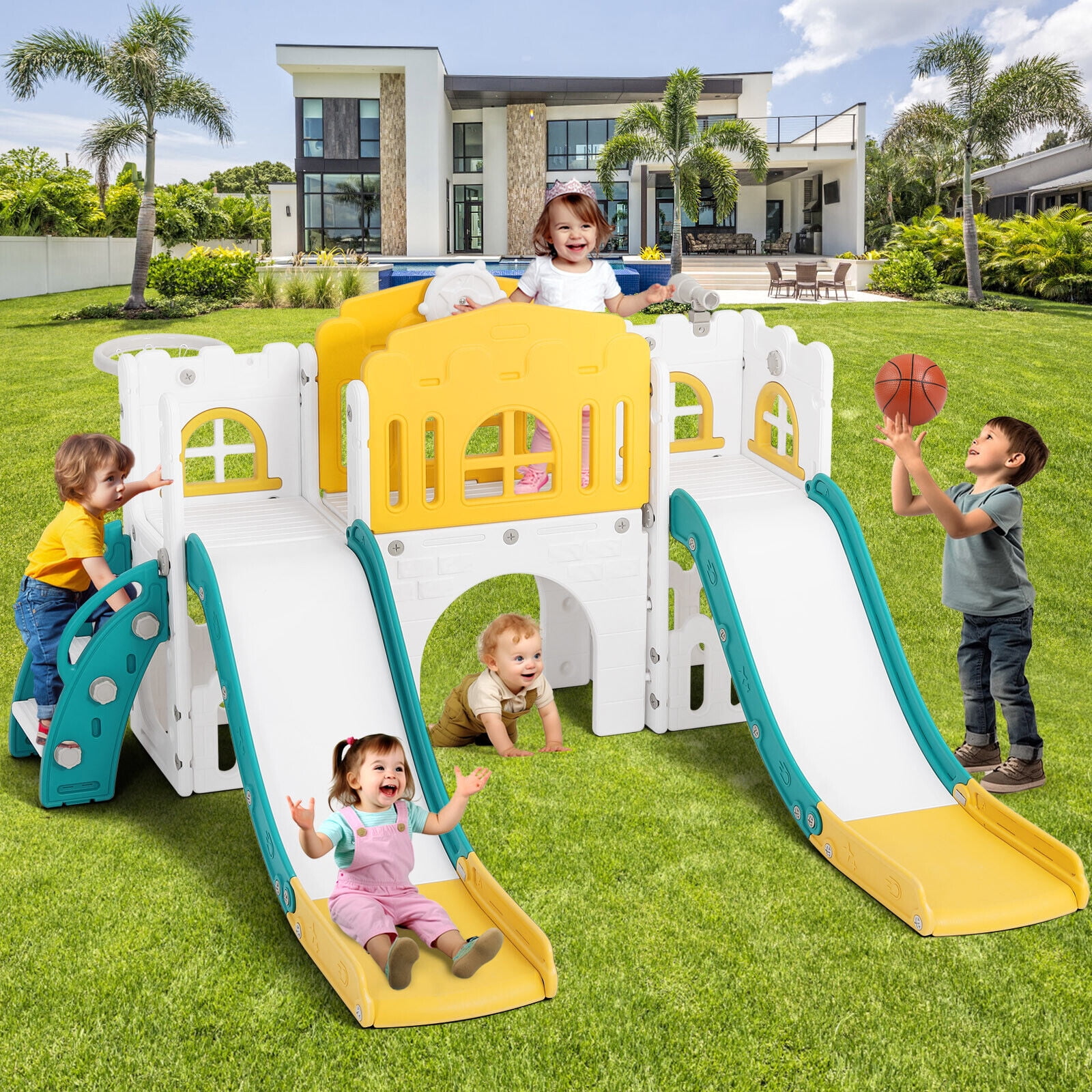 JOYLDIAS 9 in 1 Toddler Double Slides Kids Playset with Climber ...