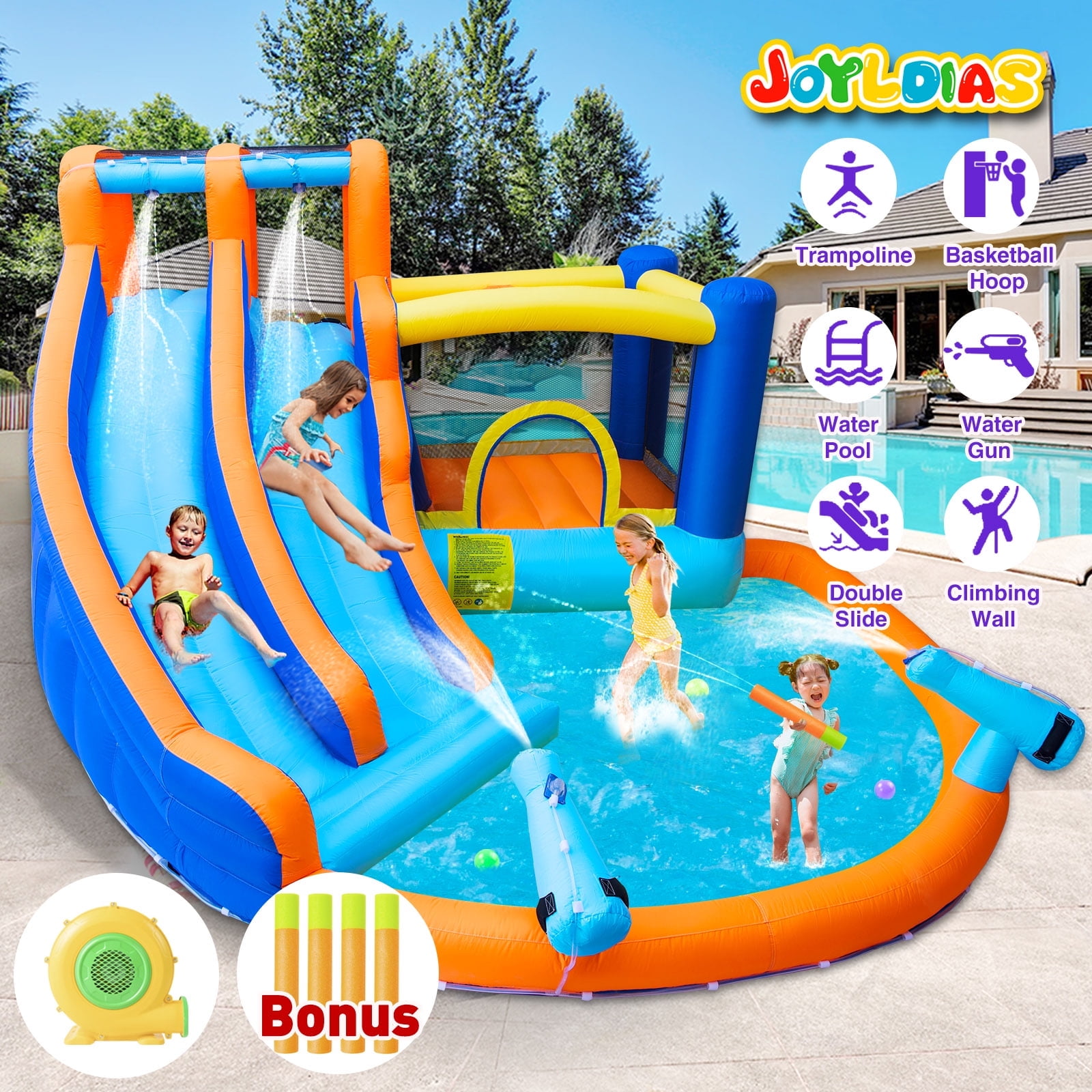 JOYLDIAS Kids Inflatable Water Slide, Giant Water Park with Double ...