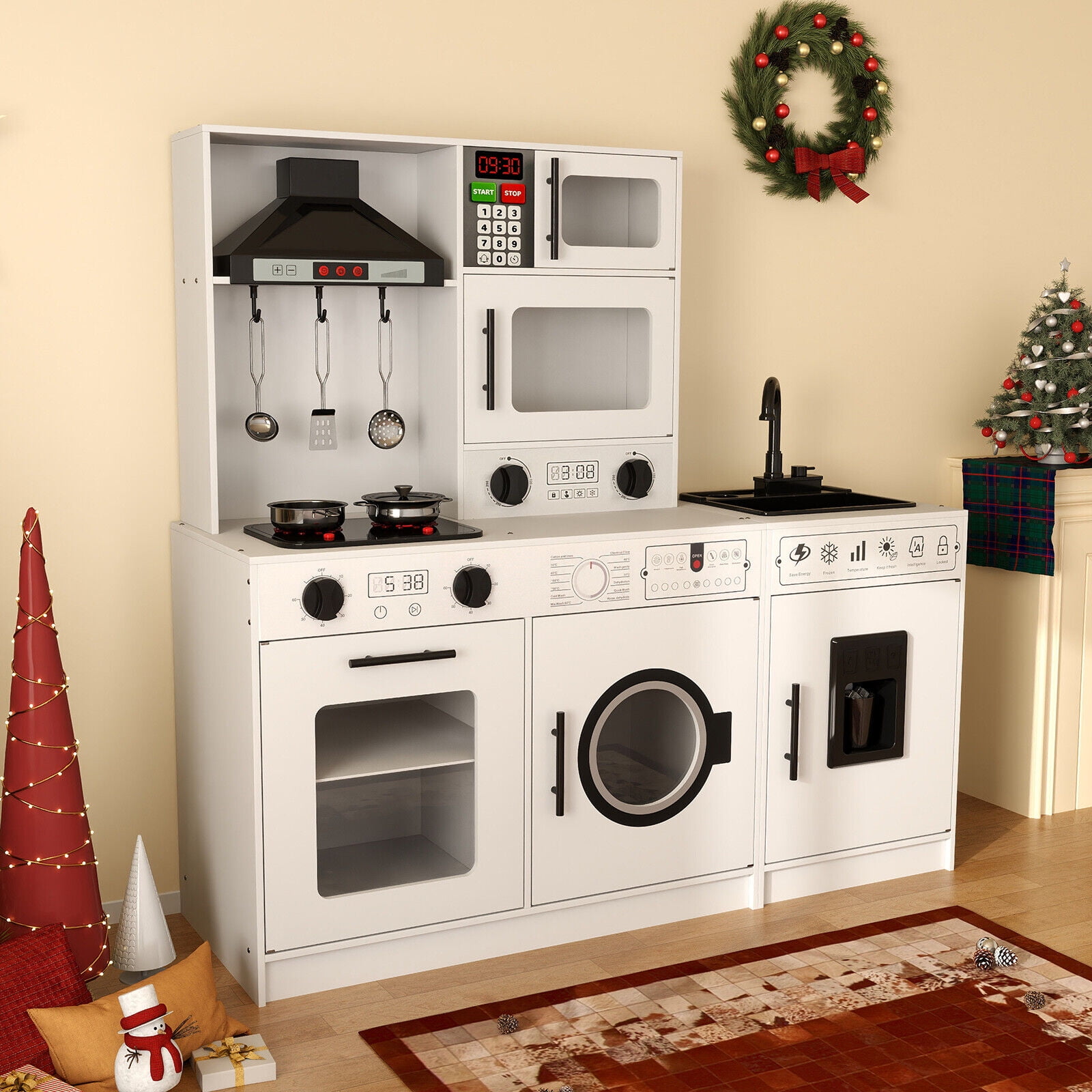 JOYLDIAS Kids Play Kitchen Set Wooden Combination Pretend Toddler Toy ...