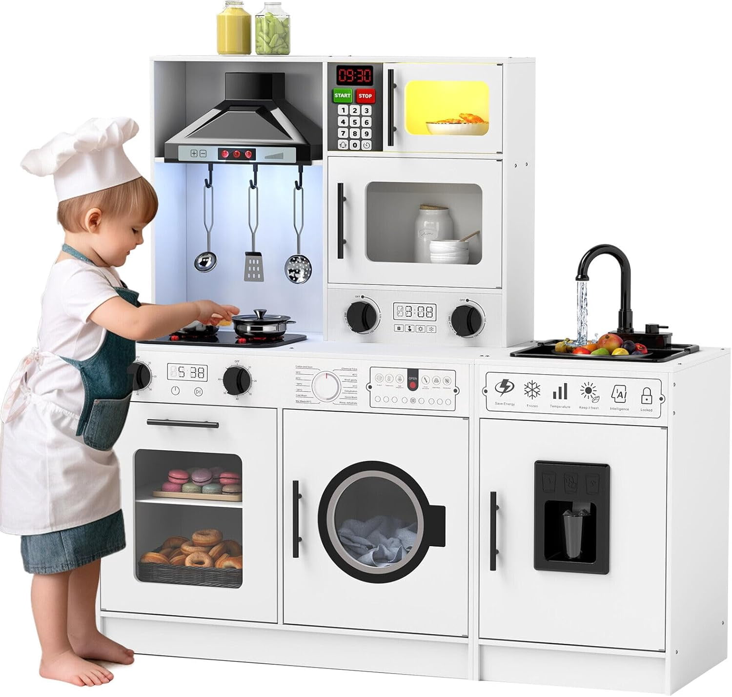 JOYLDIAS Play Kitchen, Wooden Kids Play Kitchen Playset Chef Pretend ...