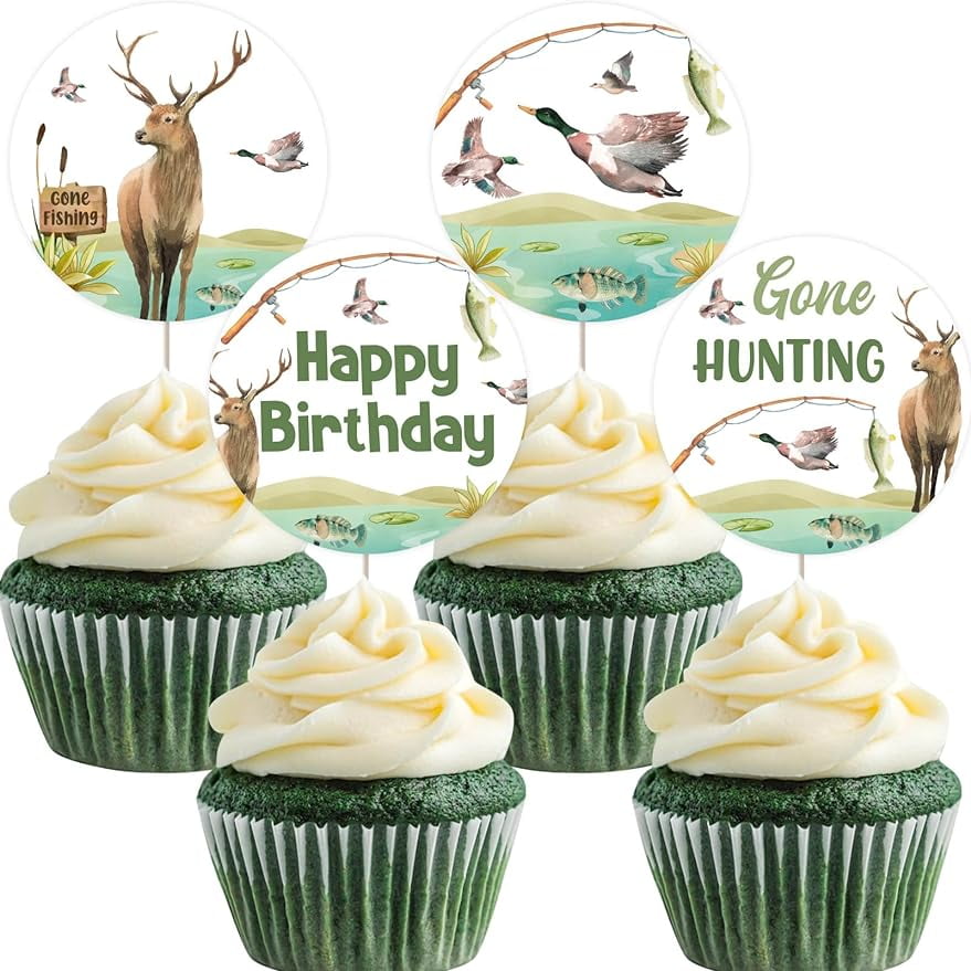 JOYMEMO 24 Pcs Hunting and Fishing Birthday Cupcake Toppers - Gone ...