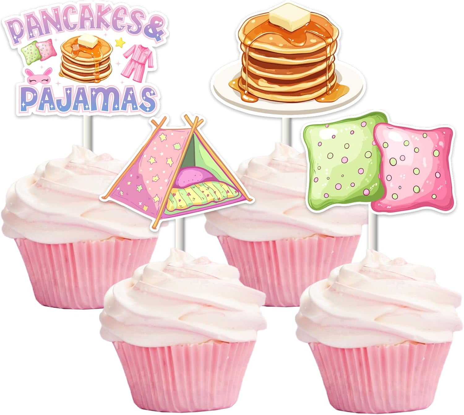 JOYMEMO 24 Pcs Pajamas Theme Cupcake Topper, Pancakes and Pajamas Party ...