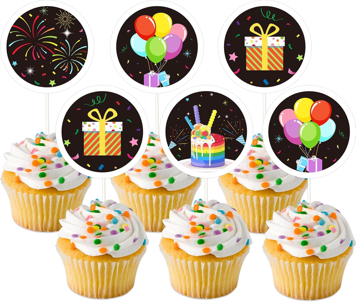 JOYMEMO 24Pcs Double Sided Colorful Cupcake Toppers, Fireworks Balloons ...