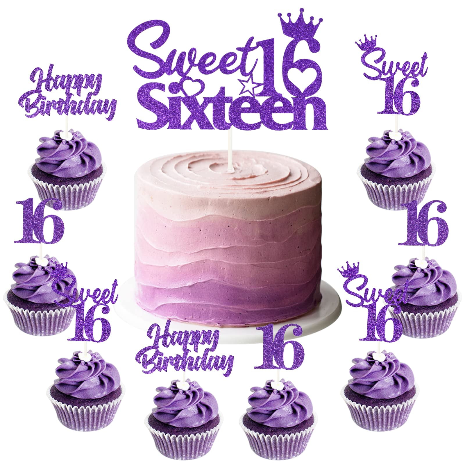 JOYMEMO 25 Pack SCH4 16th Birthday Cake Decorations Purple, Sweet 16 ...