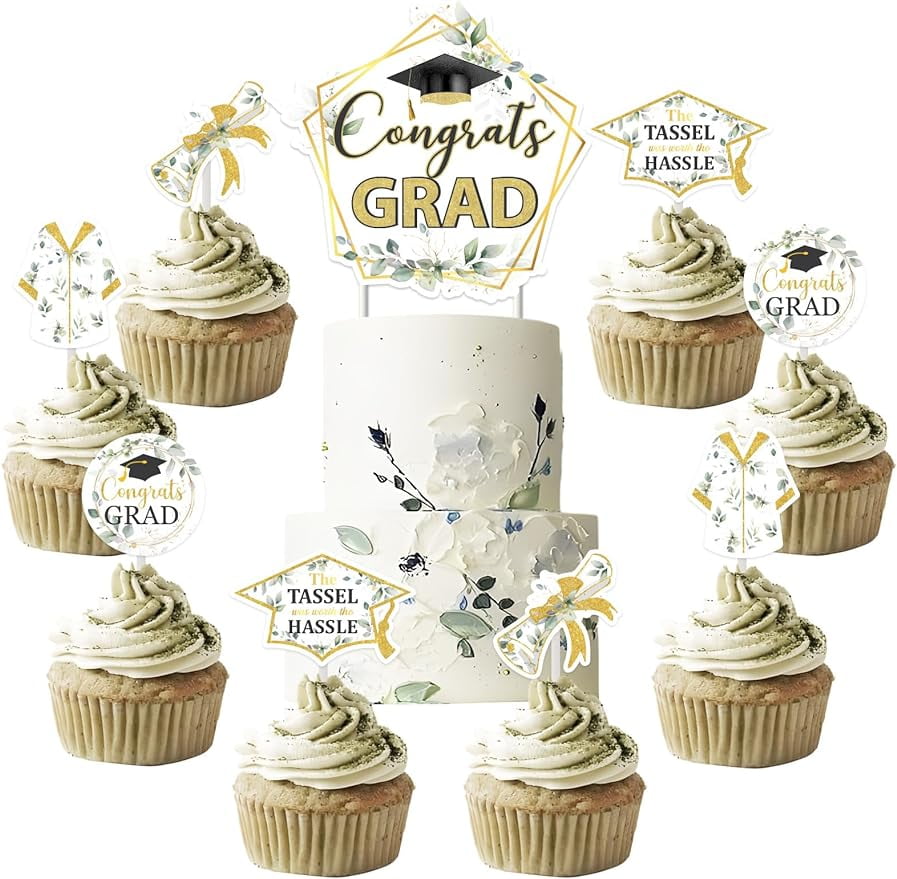 JOYMEMO 25 Pcs Sage Green Graduation Cake Decorations 2024 - Congrats ...