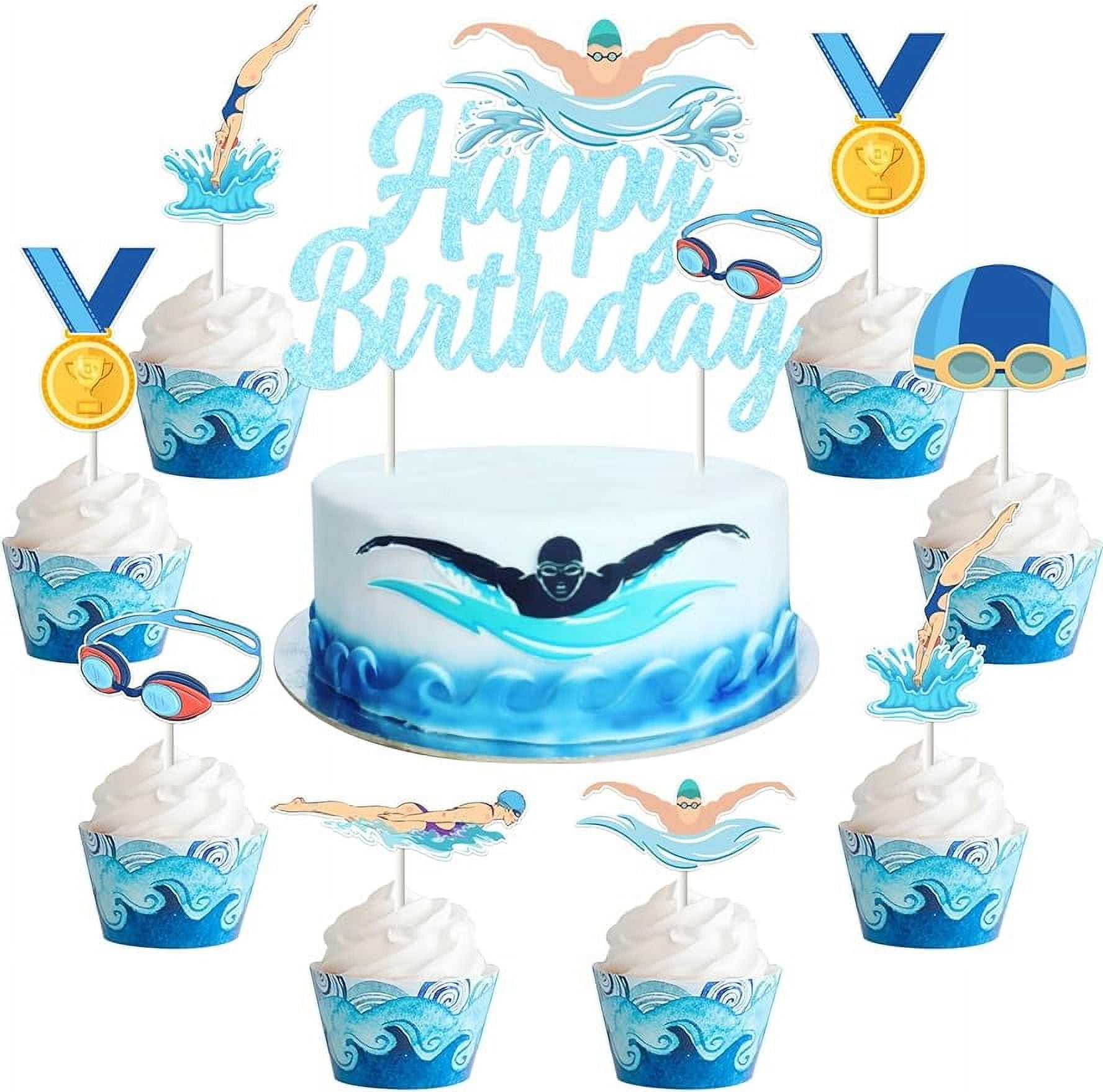 JOYMEMO 25 Pcs Swim Party Cake Decorations - Swimming Happy Birthday ...