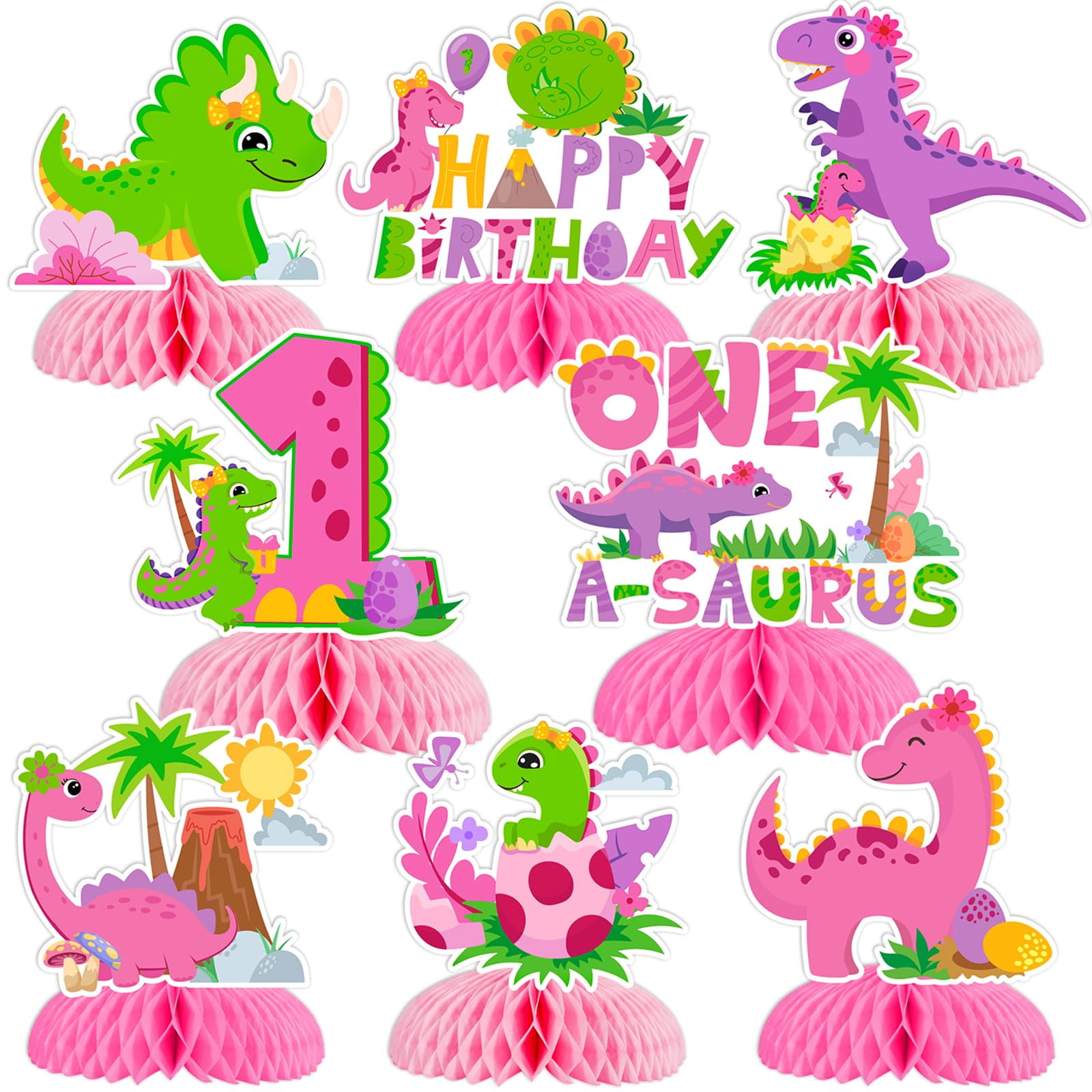 JOYMEMO 8 Pieces Dinosaur 1st Birthday Honeycomb Centerpieces Pink ...
