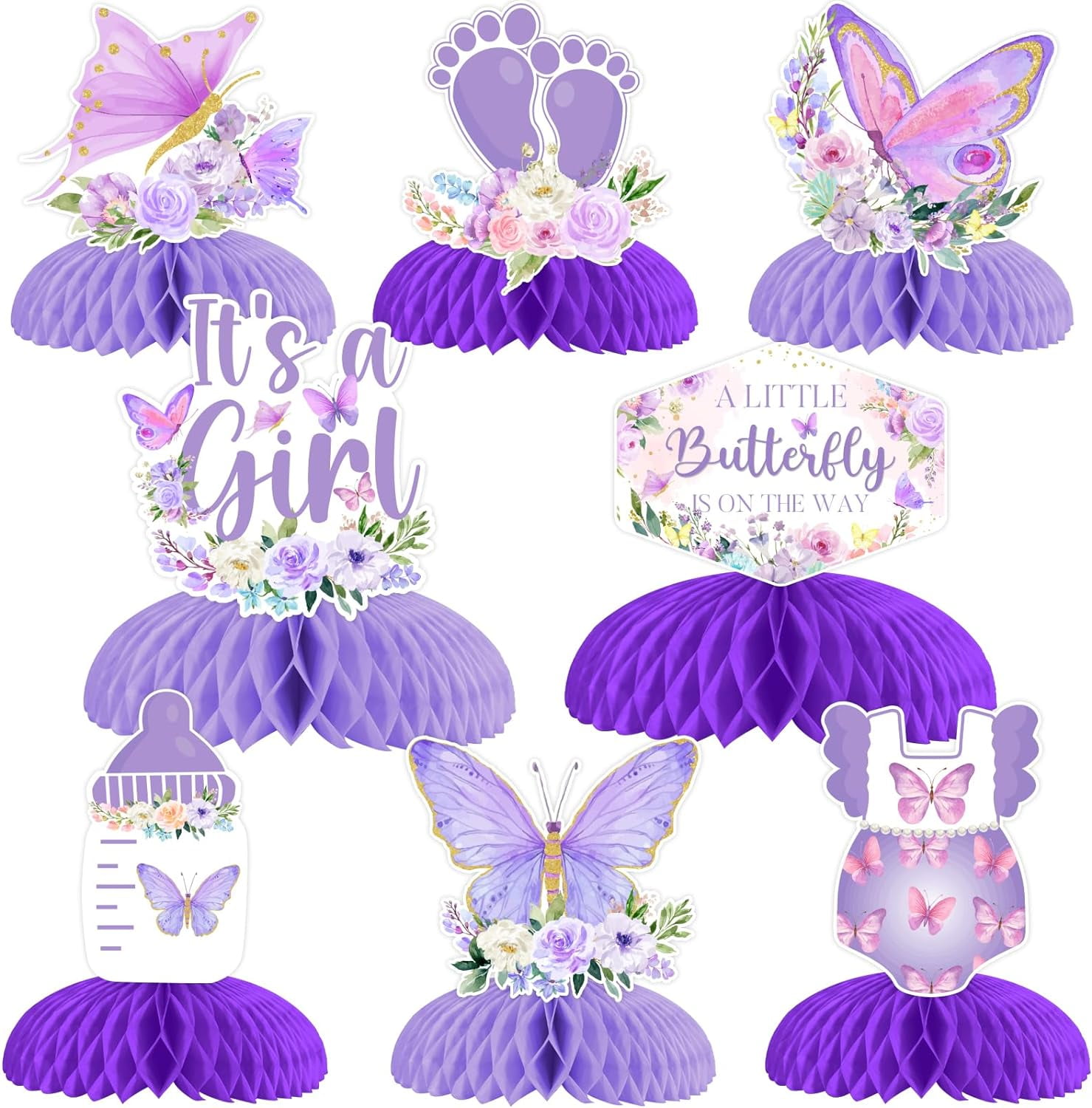 JOYMEMO 8 Pieces Purple Butterfly Baby Shower Honeycomb Centerpieces ...
