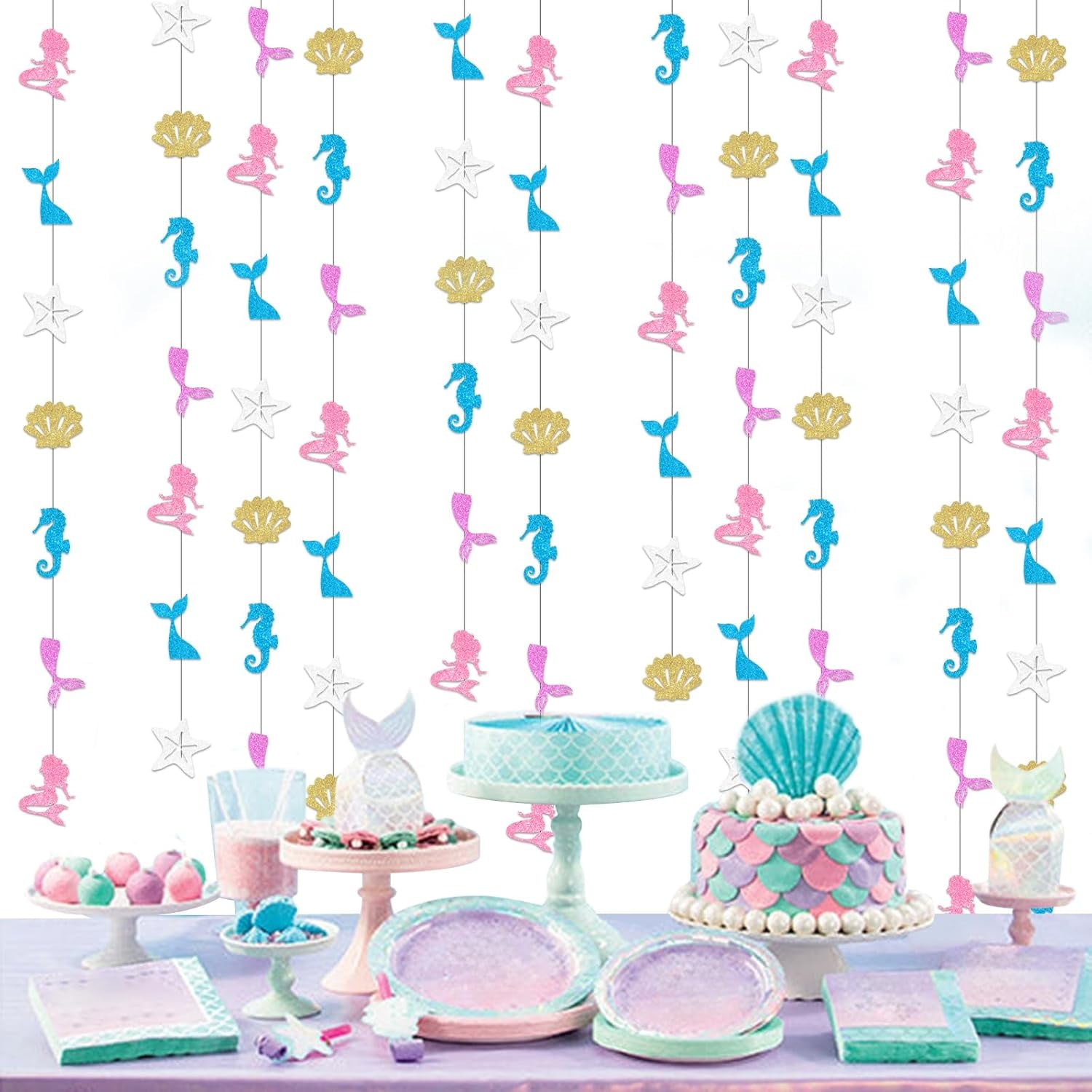 JOYMEMO 8Pcs Glitter Mermaid Streamers, Seashell Starfish Jellyfish ...