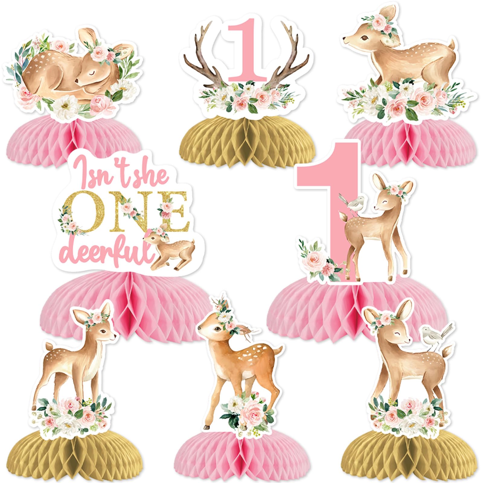 JOYMEMO 8Pcs Pink Deer Theme Honeycomb Centerpieces for Girl 1st ...
