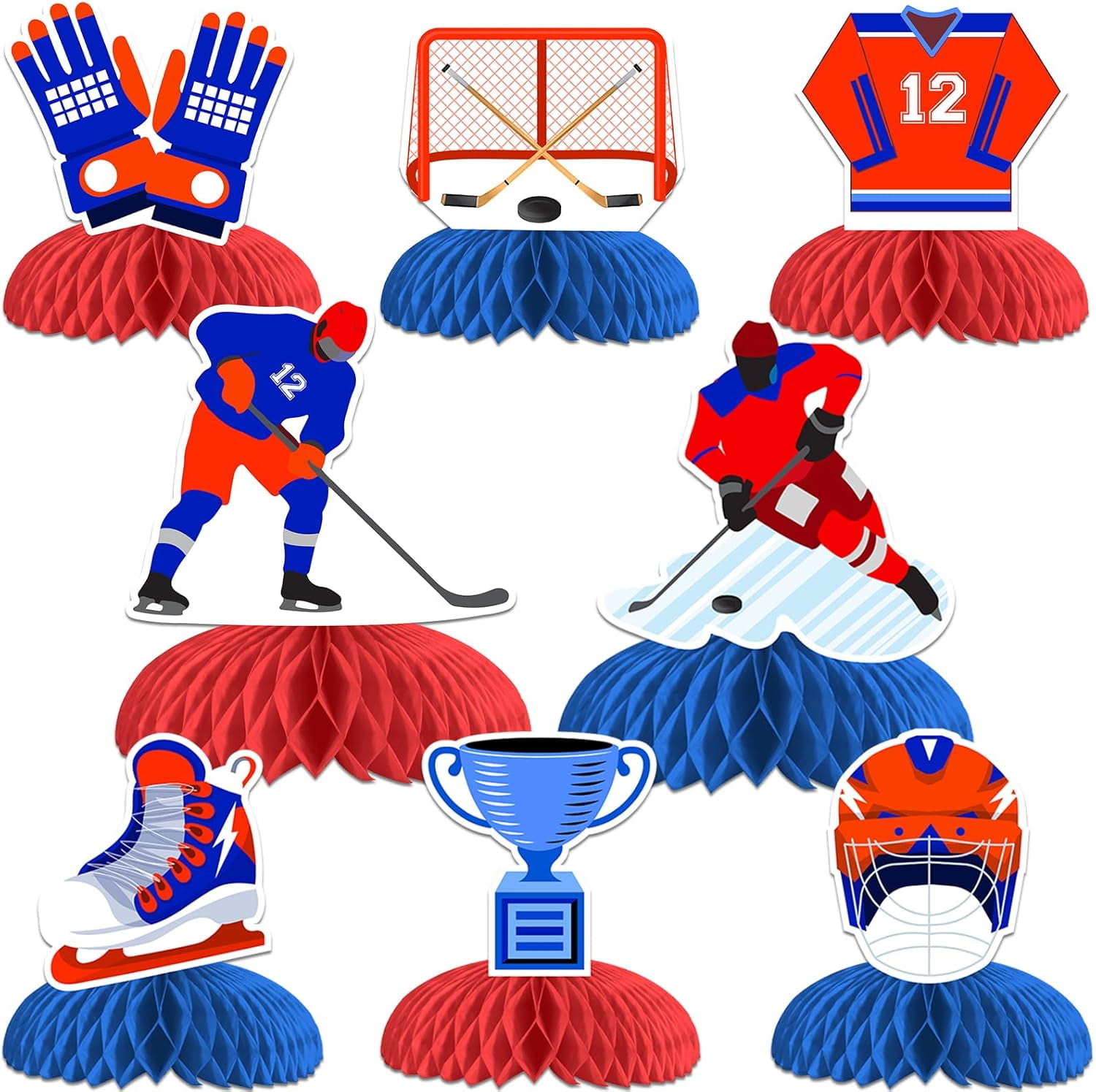 JOYMEMO 8Pcs Red Blue White Ice Hockey Honeycomb Centerpieces, Hockey ...