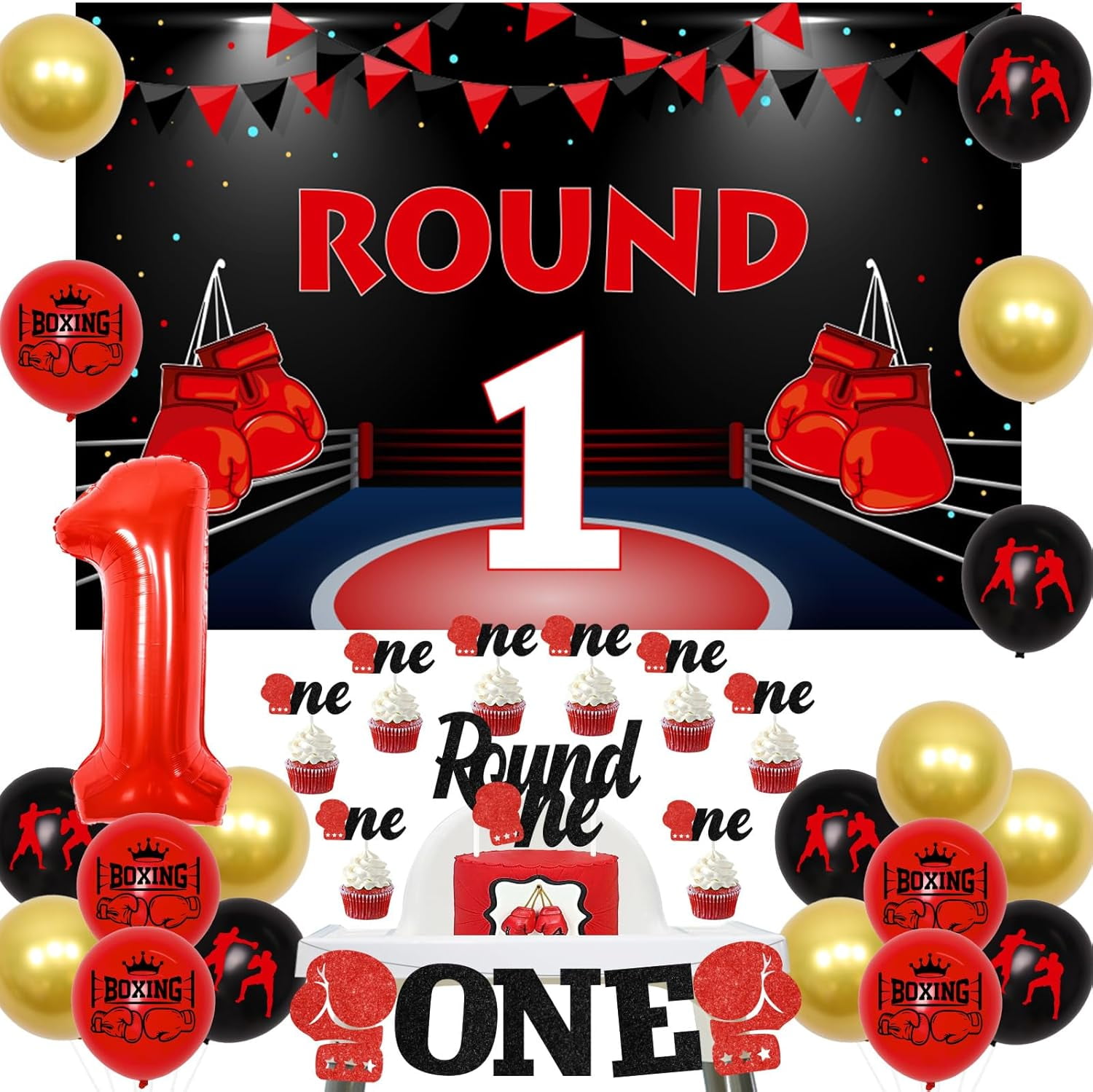 JOYMEMO Boxing 1st Birthday Party Decorations, Round 1 Backdrop - Round ...