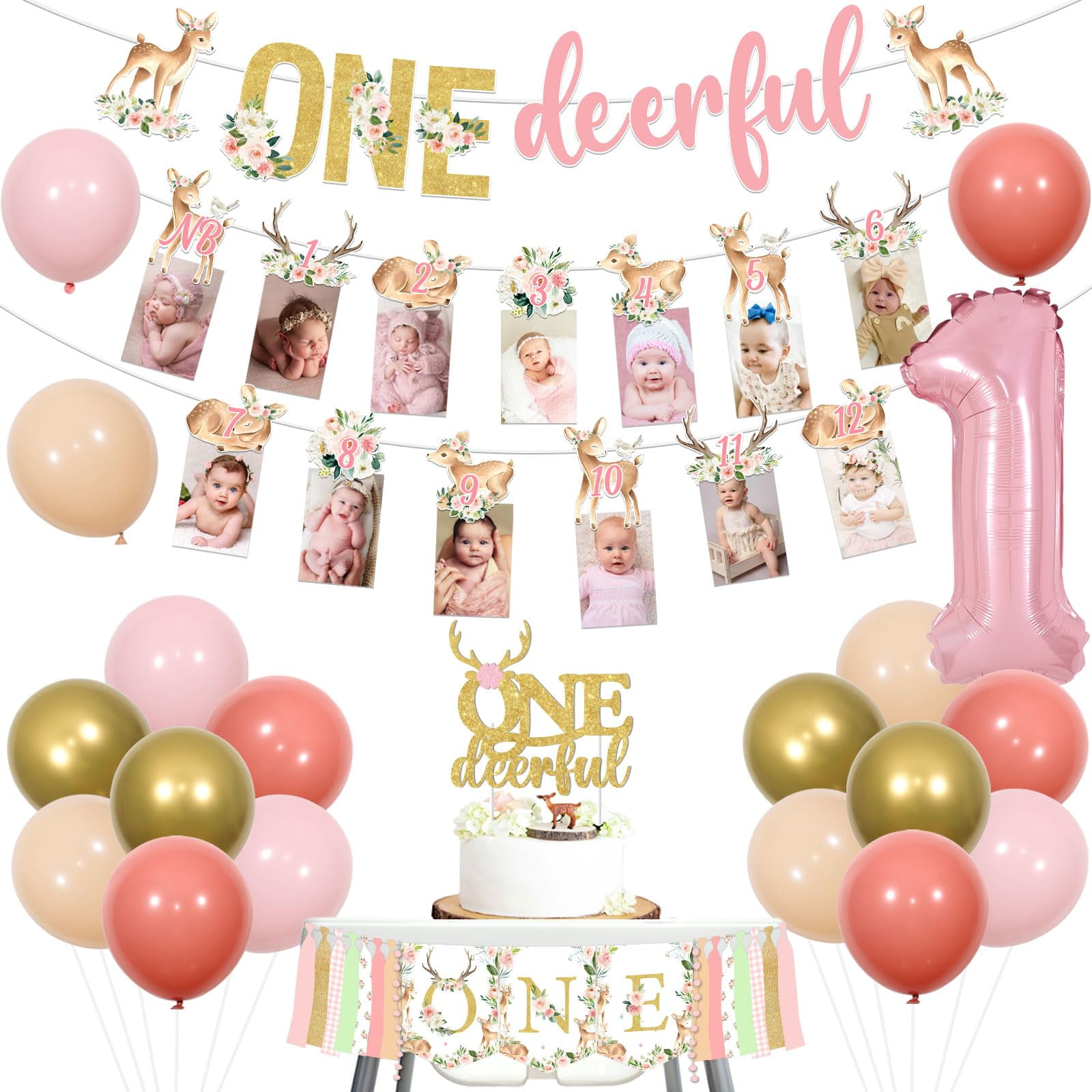 JOYMEMO Deer 1st Birthday Decorations for KKS1 Girl, Pink Deerfull ...