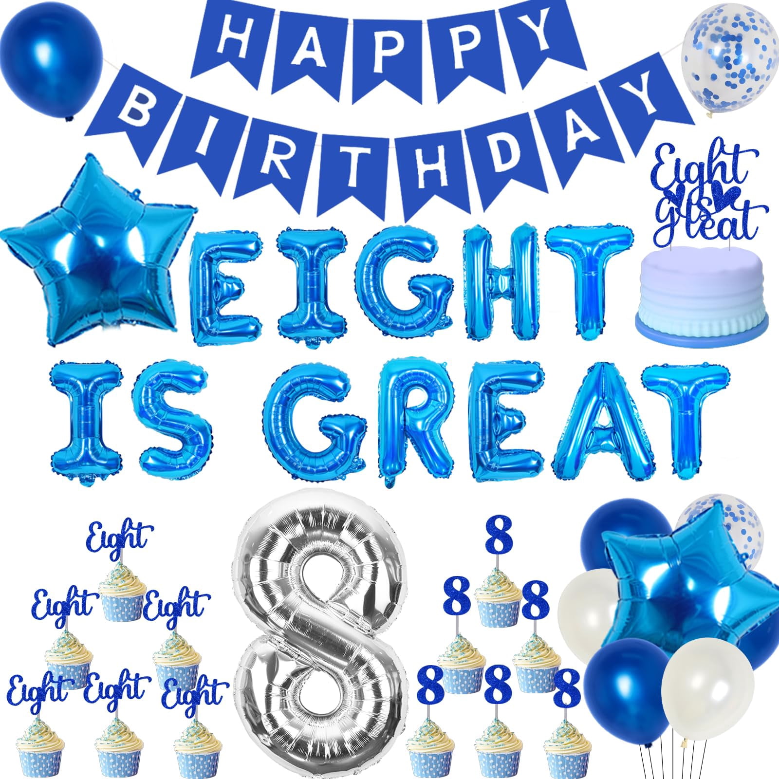 JOYMEMO Eight Is Great Birthday Decorations AFN1- Blue 8th Birthday ...