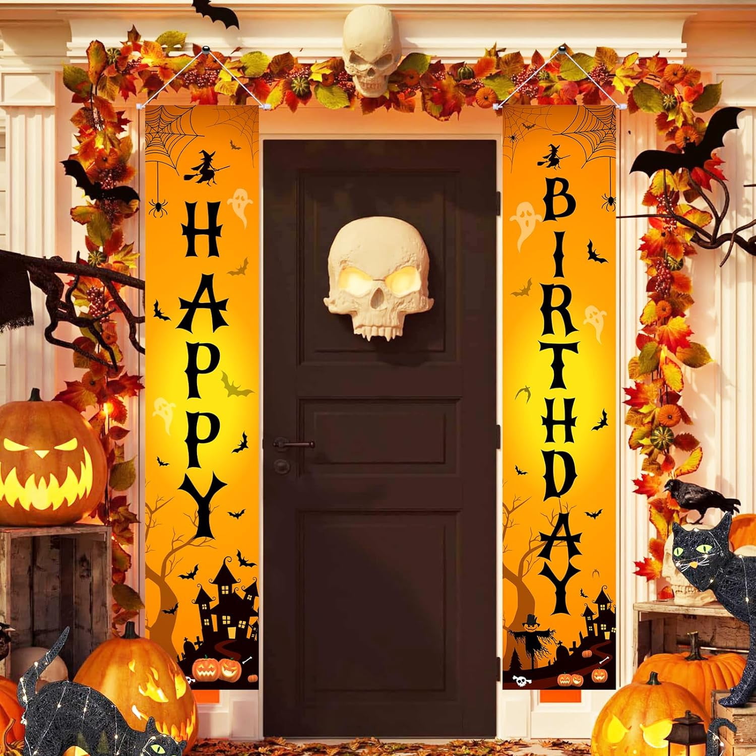 JOYMEMO Halloween Happy Birthday Porch Sign Door Banner - Orange Black ...