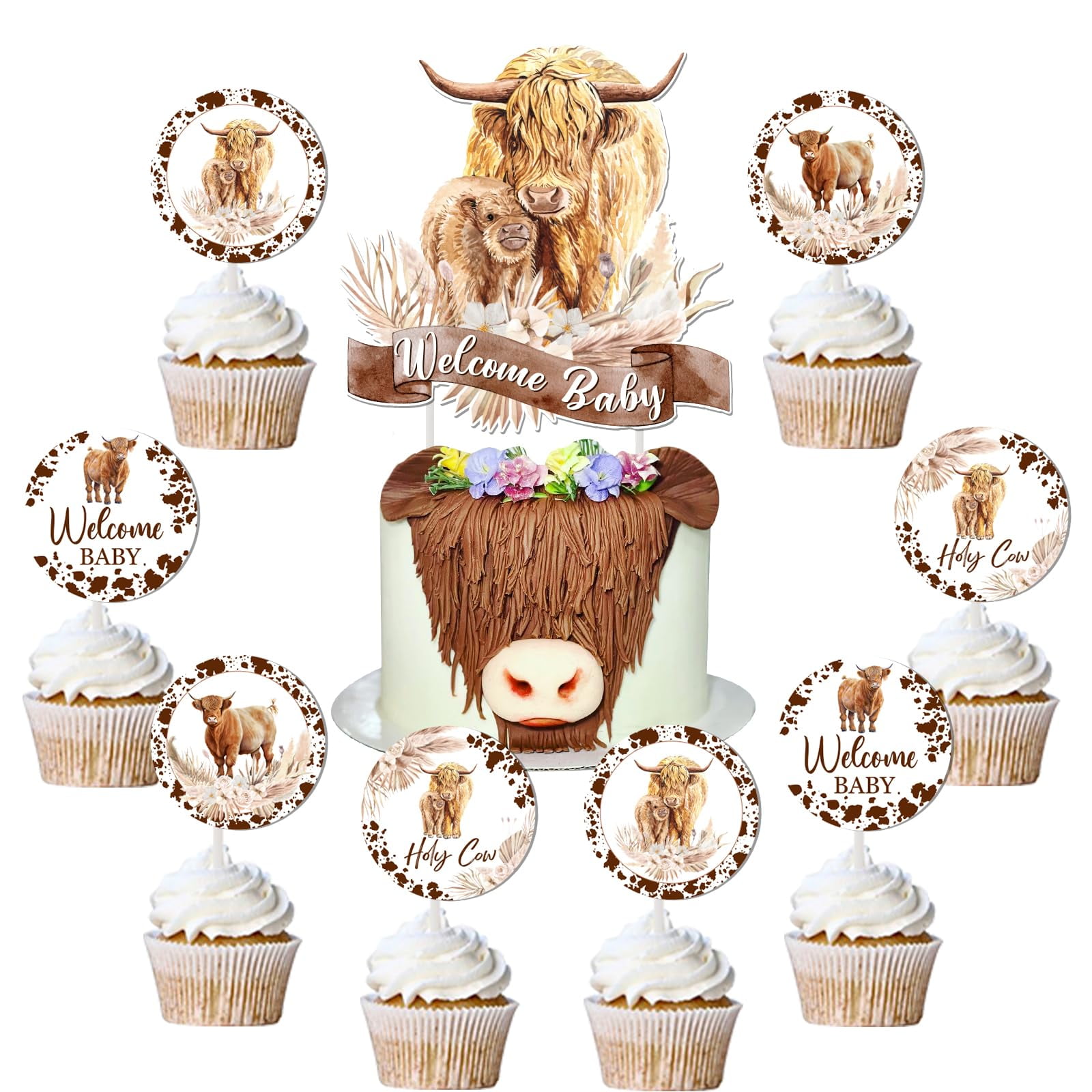 JOYMEMO Highland Cow FEV6 Baby Shower Cake Decorations Boho - Welcome ...