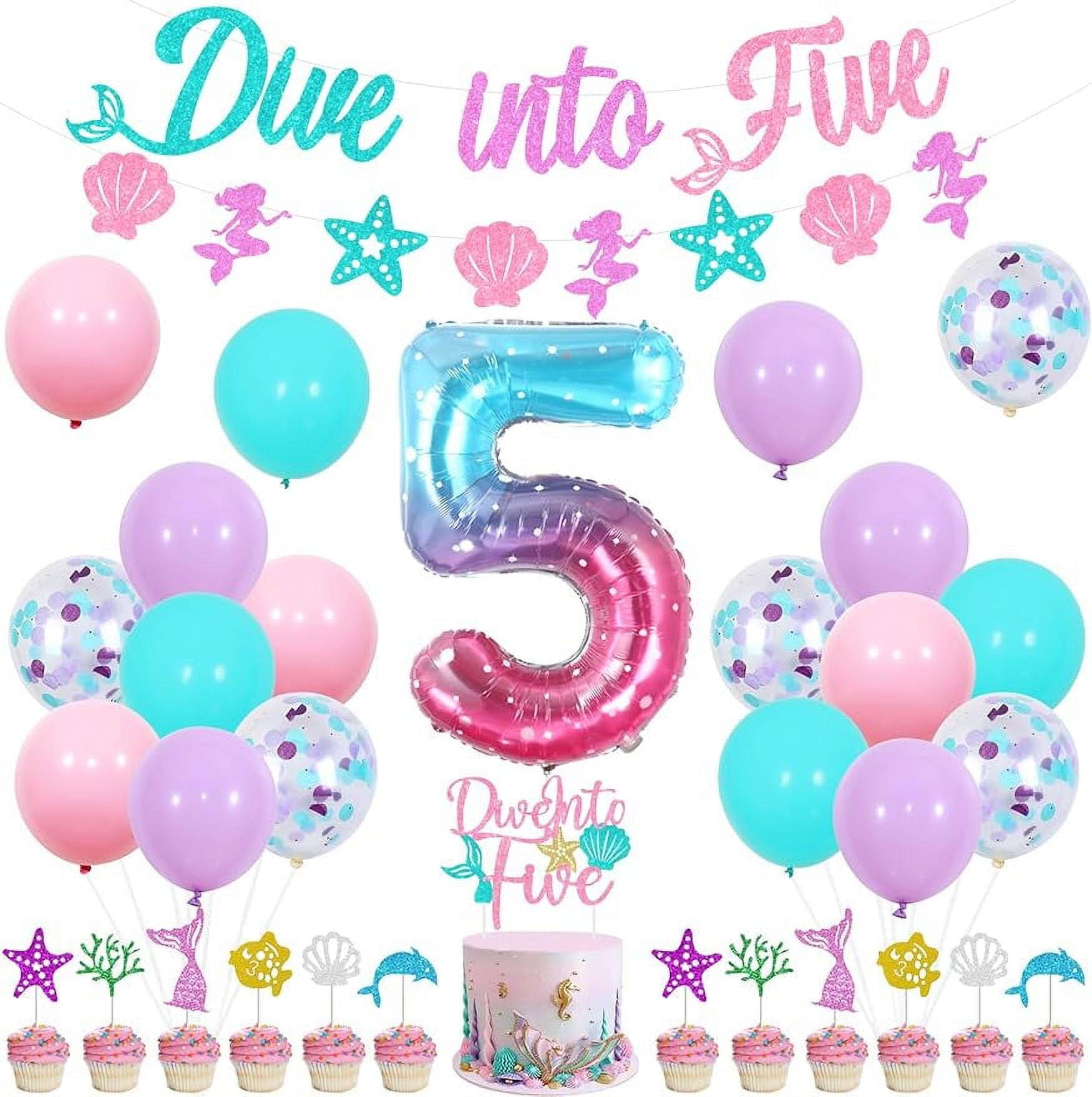JOYMEMO Mermaid 5th Birthday Decorations for Girls, Dive Into Five Banner Cake Topper, Little ...