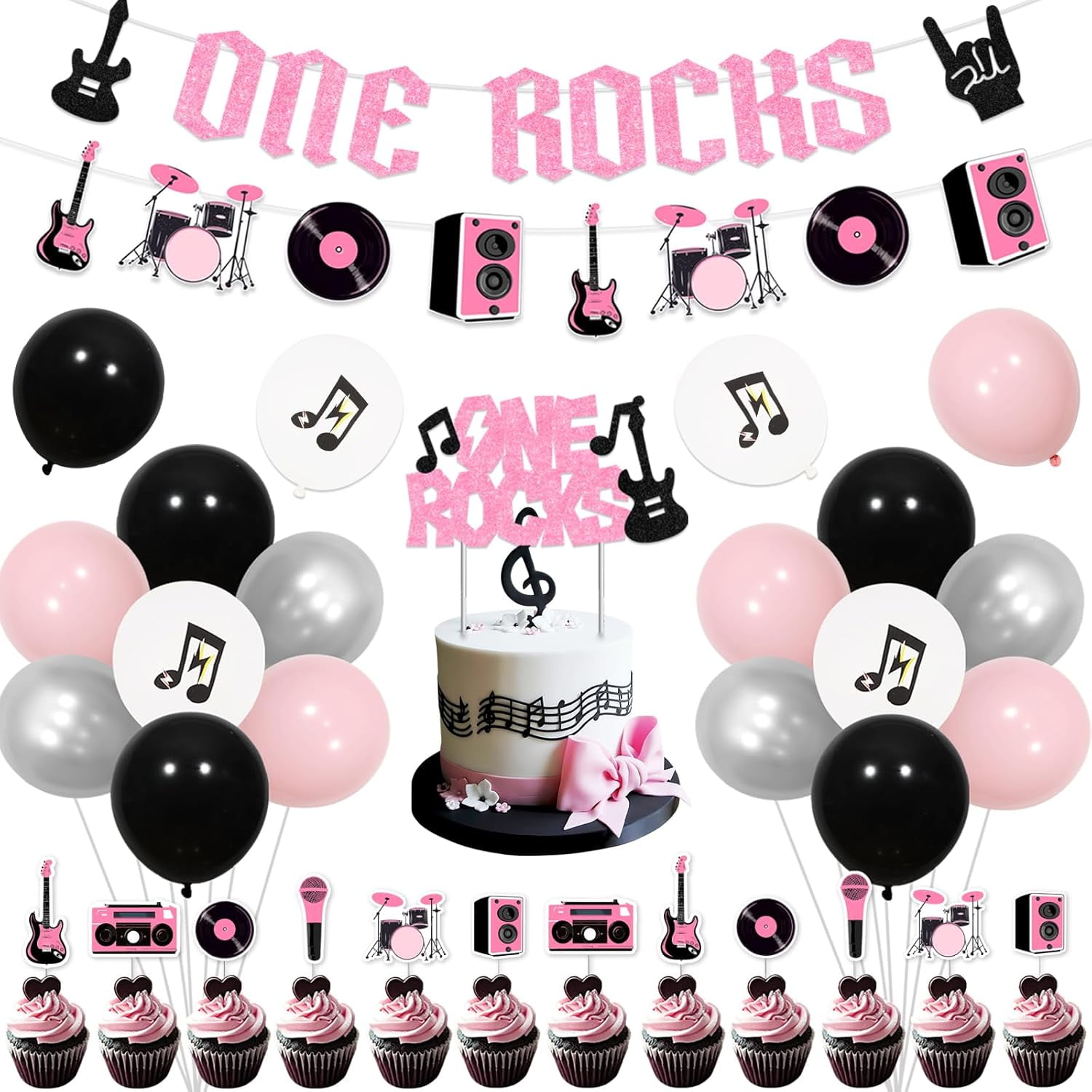 JOYMEMO One Rocks 1st Birthday Decorations for Girls, Rock and Roll 1st ...