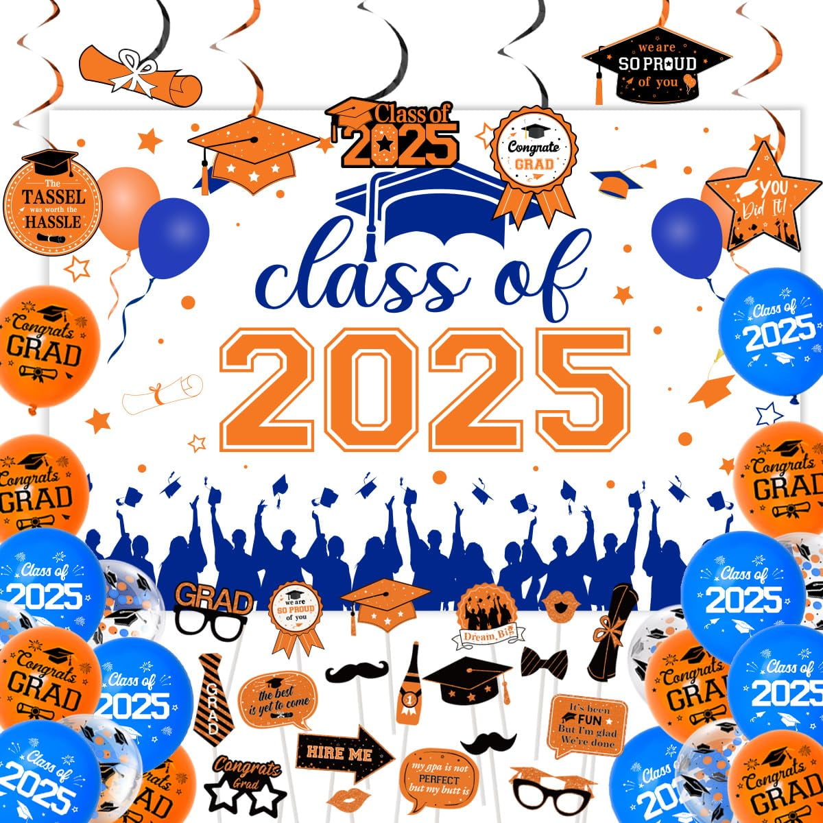 JOYMEMO Orange Blue Graduation Decorations 2025 - Graduation Backdrop ...